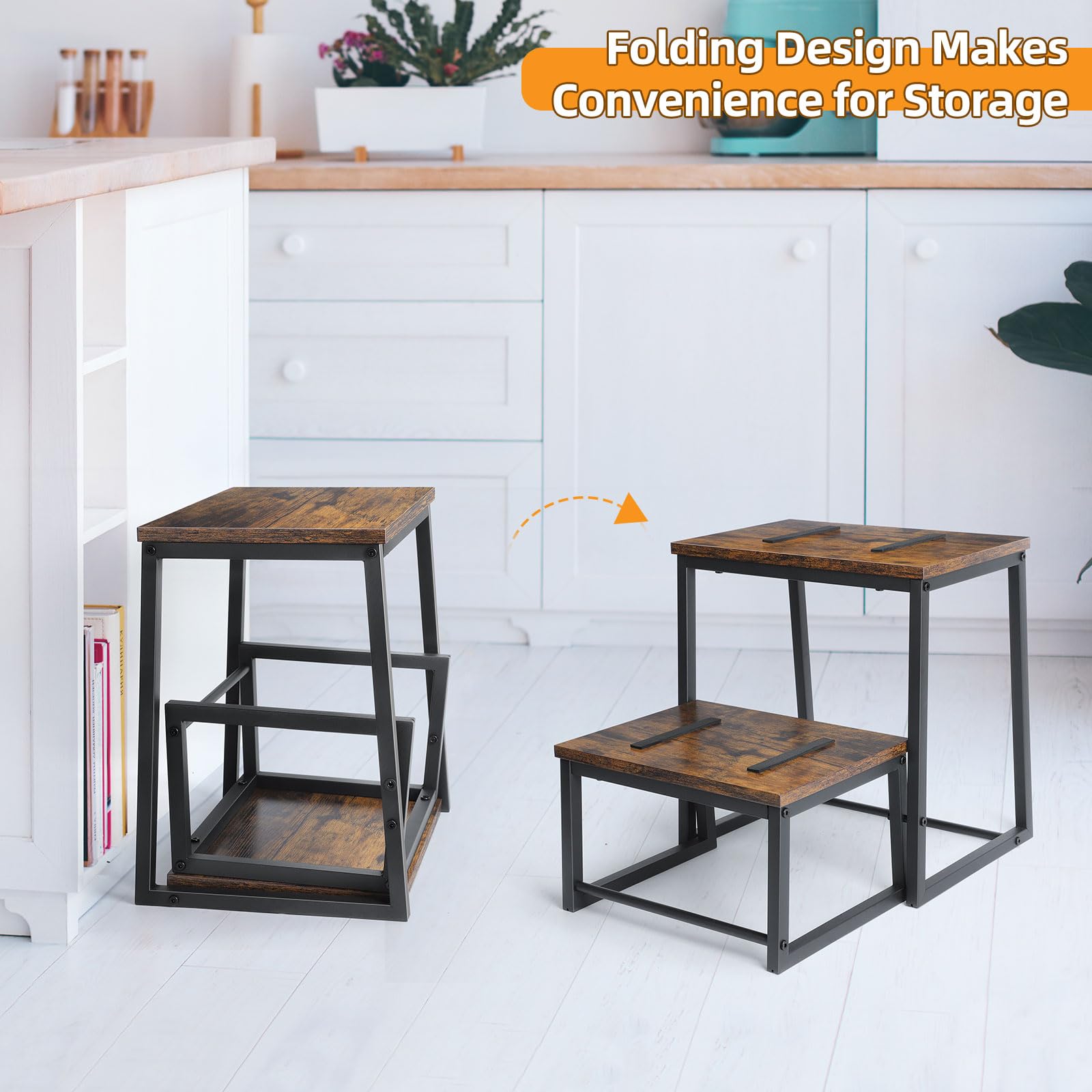 LIANTRAL Step Stool for Adults Kids, Sturdy Metal Frame Wooden Board Step Stool Helper, Supports Up to 350lb, Foot Stool, 2 in1 Step Stool for High Bed Kitchen Bathroom, Rustic Brown