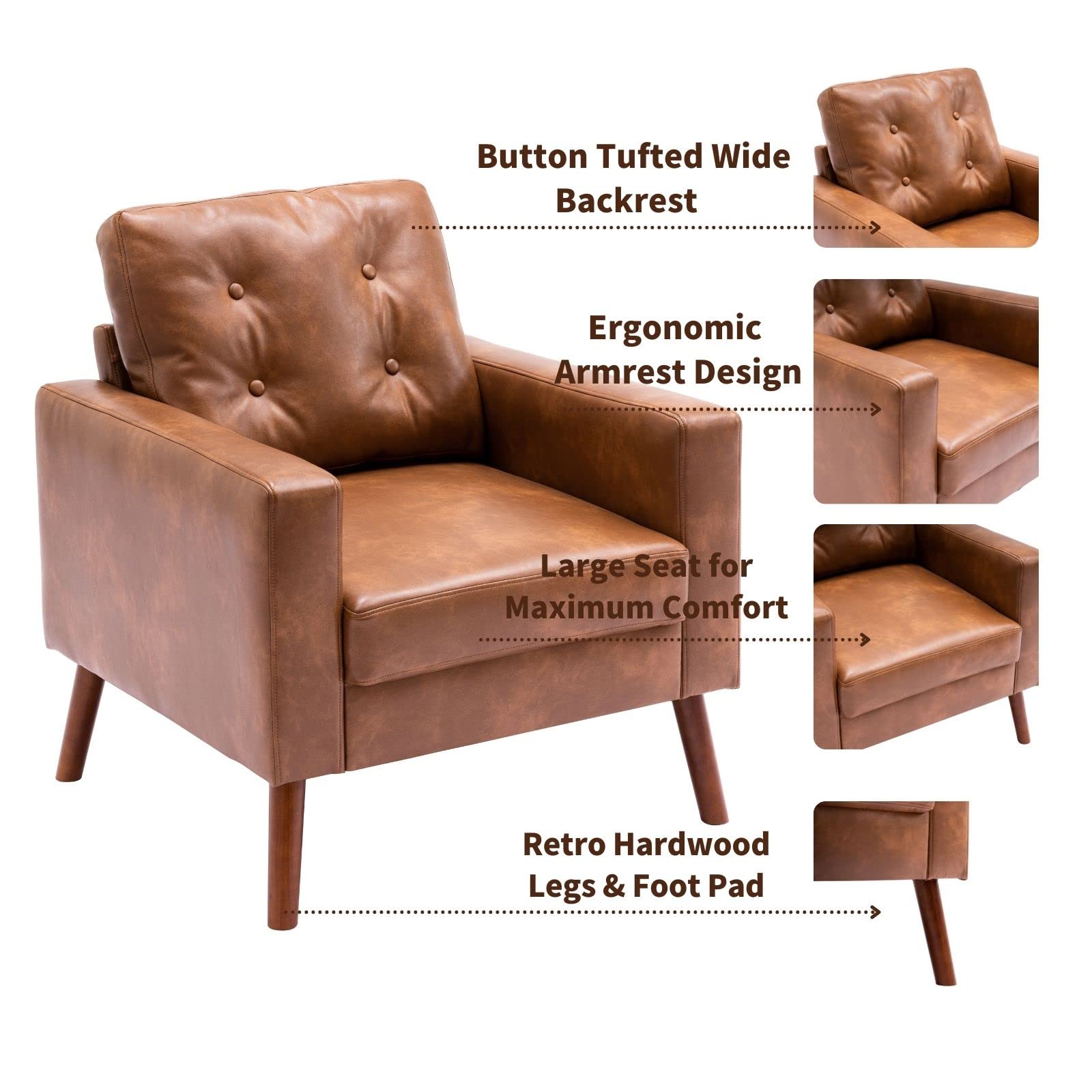 Mid Century Modern 53” Loveseat Sofa, Comfy Upholstered Button Tufted Faux Leather 2 Seater Small Sofa Couch, Lounge Sleeper Sofa Bed Love Seats for Small Spaces Living Room Apartment Bedroom, Brown