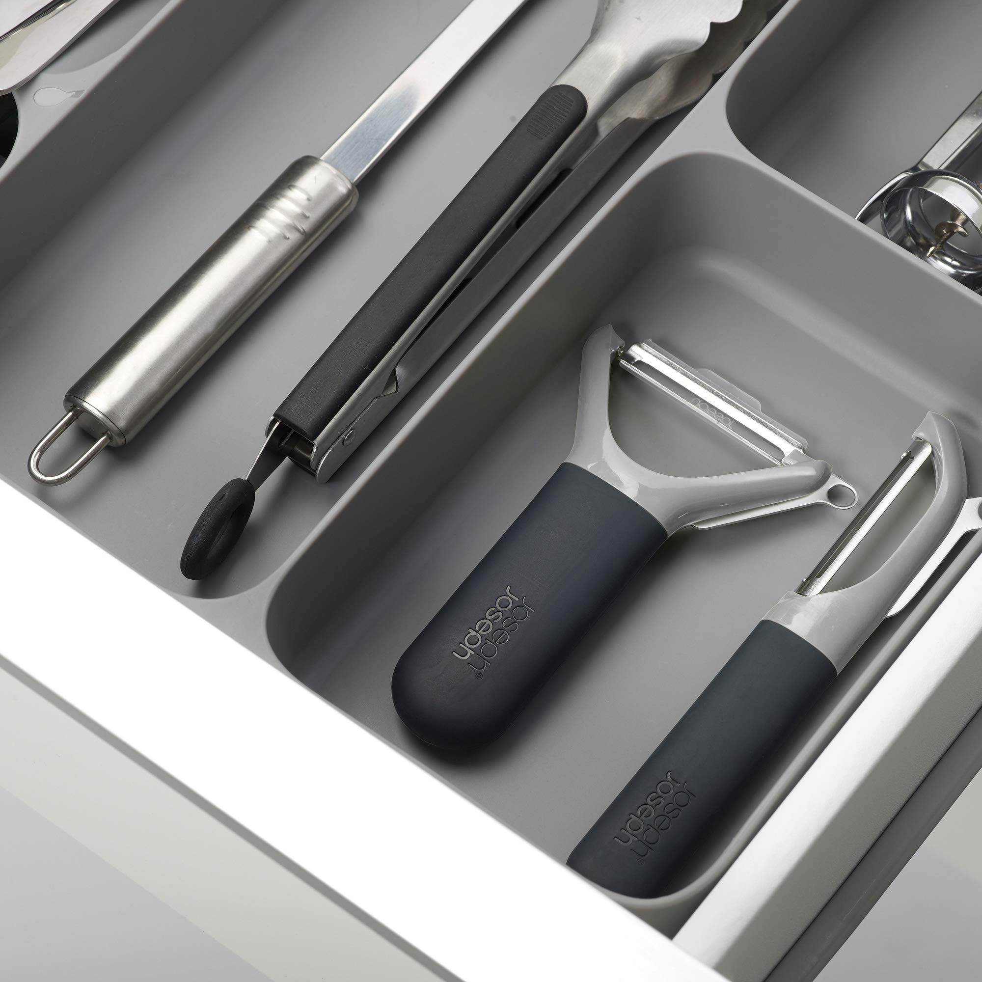 Joseph Joseph DrawerStore Kitchen Drawer Organizer Tray for Cutlery Utensils and Gadgets, Gray, 15.6 x 15.1 x 2.1 Inches & 85120 DrawerStore Kitchen Drawer Organizer Tray for Knives Knife Block, Gray