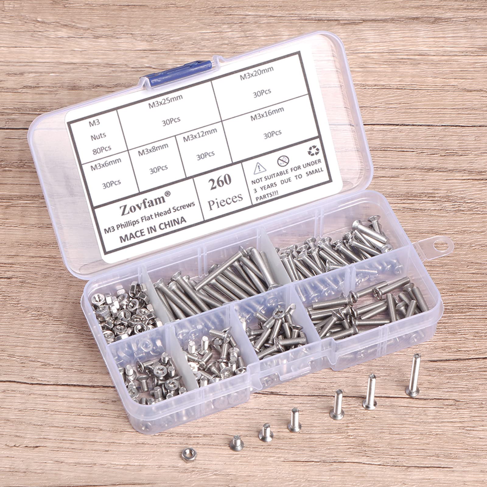 M3 Phillips Flat Head Screws Countersunk Bolts Nuts 304 Stainless Steel Nuts and Bolts Assortment Kit M3 x 6mm/ 8mm/ 12mm/ 16mm/ 20mm/ 25mm Metric Bolt Kit 260Pcs