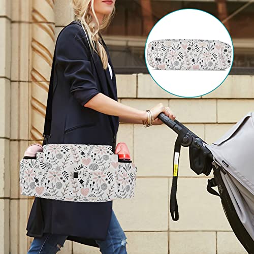Kigai Twigs Wildflowers Baby Stroller Organizer with Cup Holders, Secure Hooks Accessories Adjustable Strap Stroller Bag for Bottle, Diaper, Phone, Toys, Baby Items