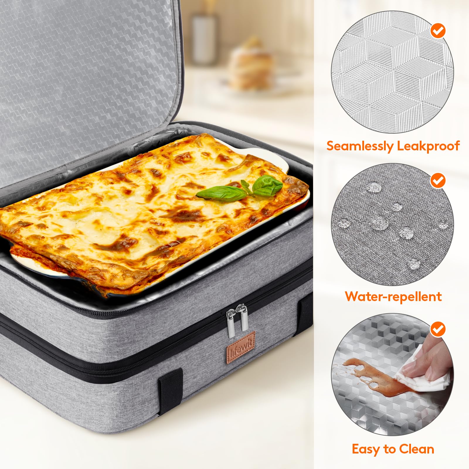 Lifewit Double Decker Casserole Carrier for Hot and Cold Food, Insulated Casserole Dish Carrier Carrying Case with Tool Room, Thermal Bag for Potluck Parties Cookouts Fits 9"×13" Baking Dish, Gray