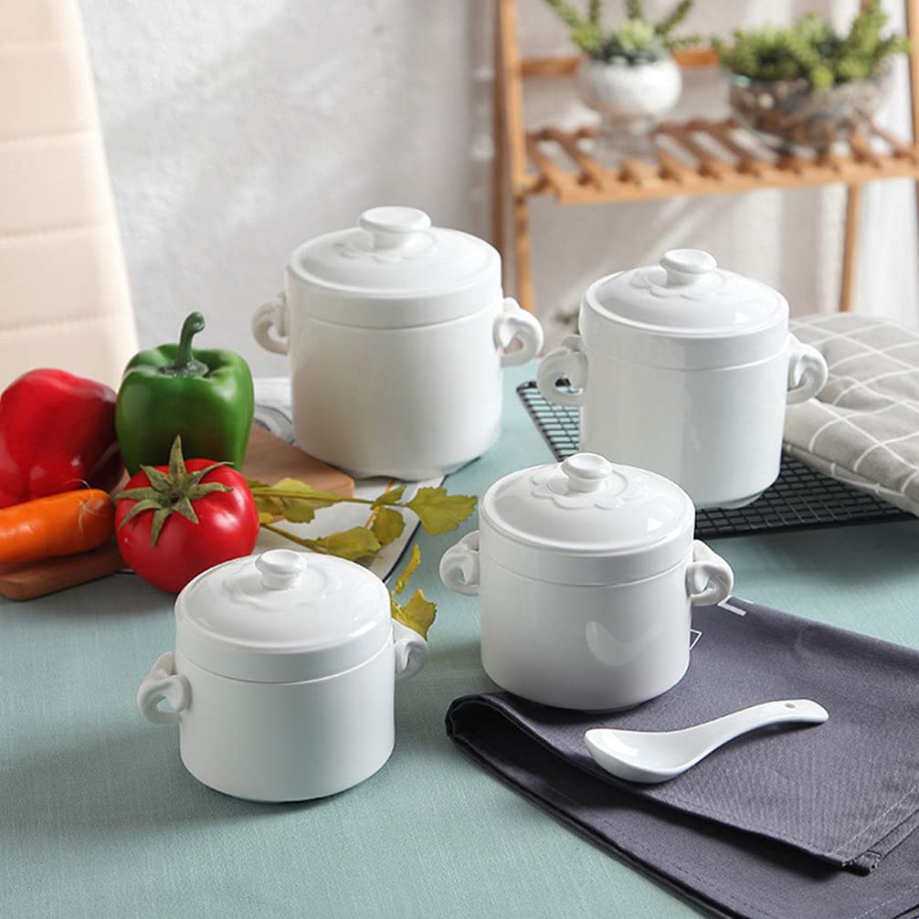 Kichvoe Sugar Container Ceramic Stew Pot with Handles and Lid, Small Steam Soup Bowl Stockpot Cookware for Egg Custard Medicinal and Birds (520ml) Creamer Singles