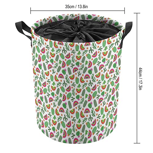 Mexican Style with Cactus Laundry Basket Round Collapsible Storage Bin with Drawstring and Handle for Bedroom Bathroom Toys Room 17.3" X 13.8"
