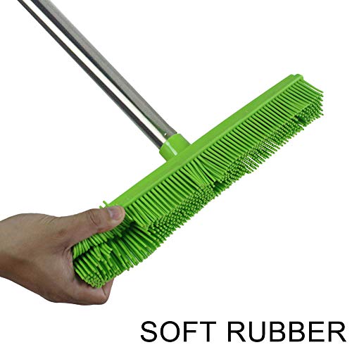Long Handled Carpet Rubber Broom Soft Bristles and Squeegee Edge Sweeper Push Broom Indoor, Green