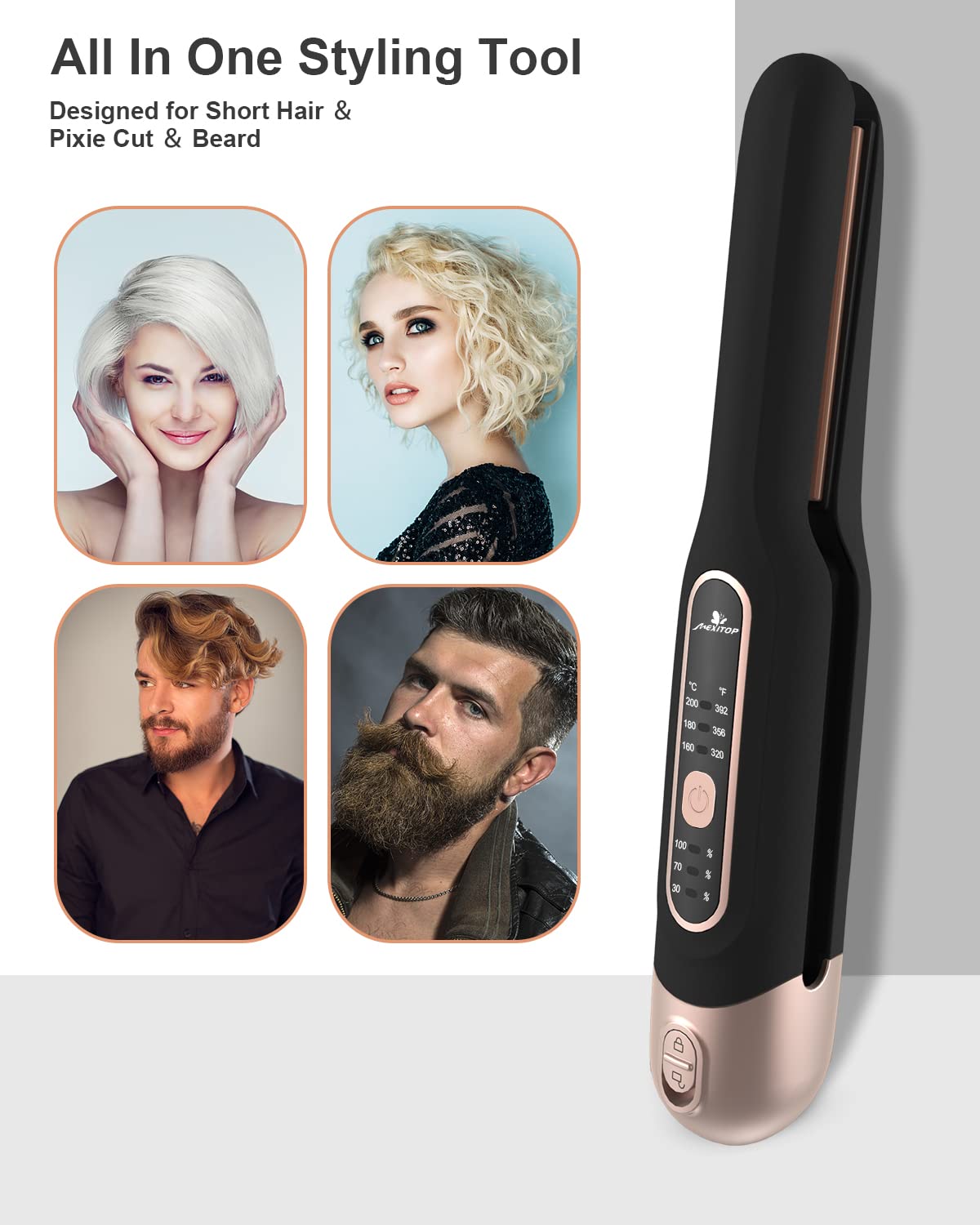 MEXITOP Cordless Small Flat Iron for Short Hair, 0.55 Inch Rechargeable Pencil Flat Iron Fast Heat Up,Multi-Styler Beard and Hair Straightening Iron with Twist Ceramic Plates,3 Temperature Adjustments