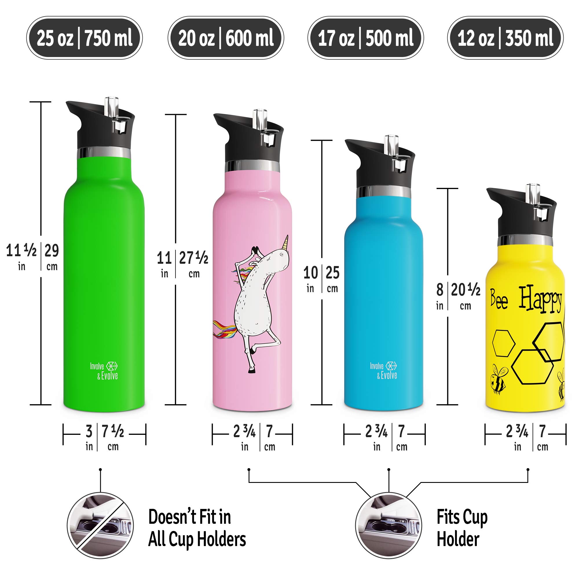 Involve & Evolve Insulated Water Bottle with 3 Lids (Straw Lid) Kids Reusable Double Walled Stainless Steel Flask Metal Thermos 12oz 17oz 20oz 25oz (17 oz, Bare Ocean)