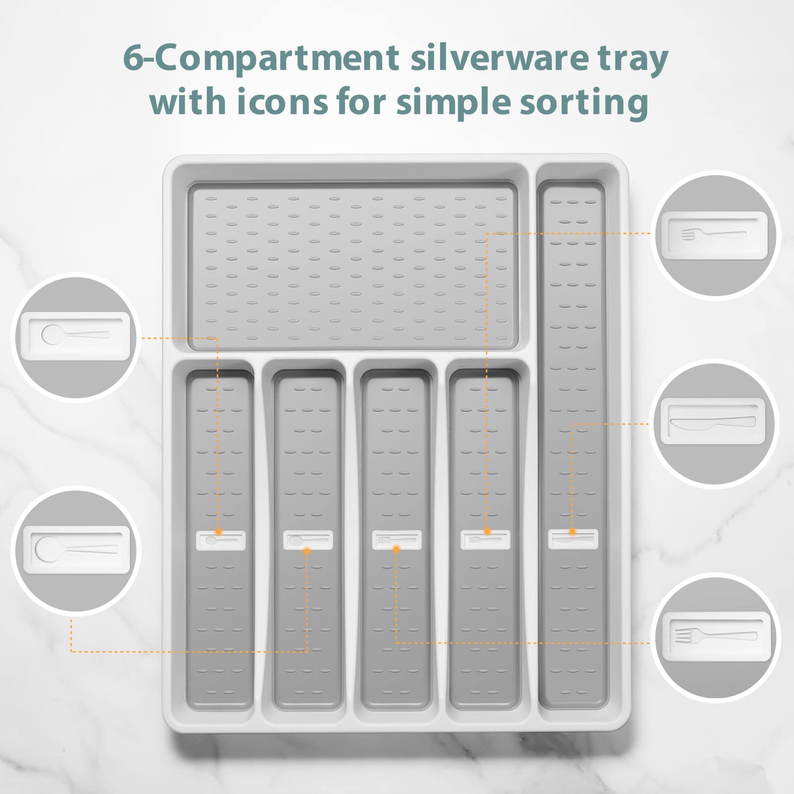 Joequality Silverware Organizer with Icons,Plastic Cutlery silverware Tray for Drawer,Utensil Tableware Flatware Organizer for Kitchen with Non-slip TPR,Fits Oversized Drawer,6-Compartment,Grey