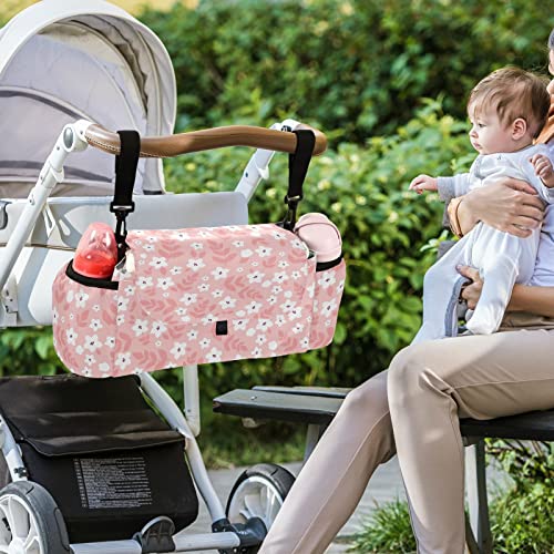 Kigai Flowers on Pink Baby Stroller Organizer with Cup Holders, Secure Hooks Accessories Adjustable Strap Stroller Bag for Bottle, Diaper, Phone, Toys, Baby Items