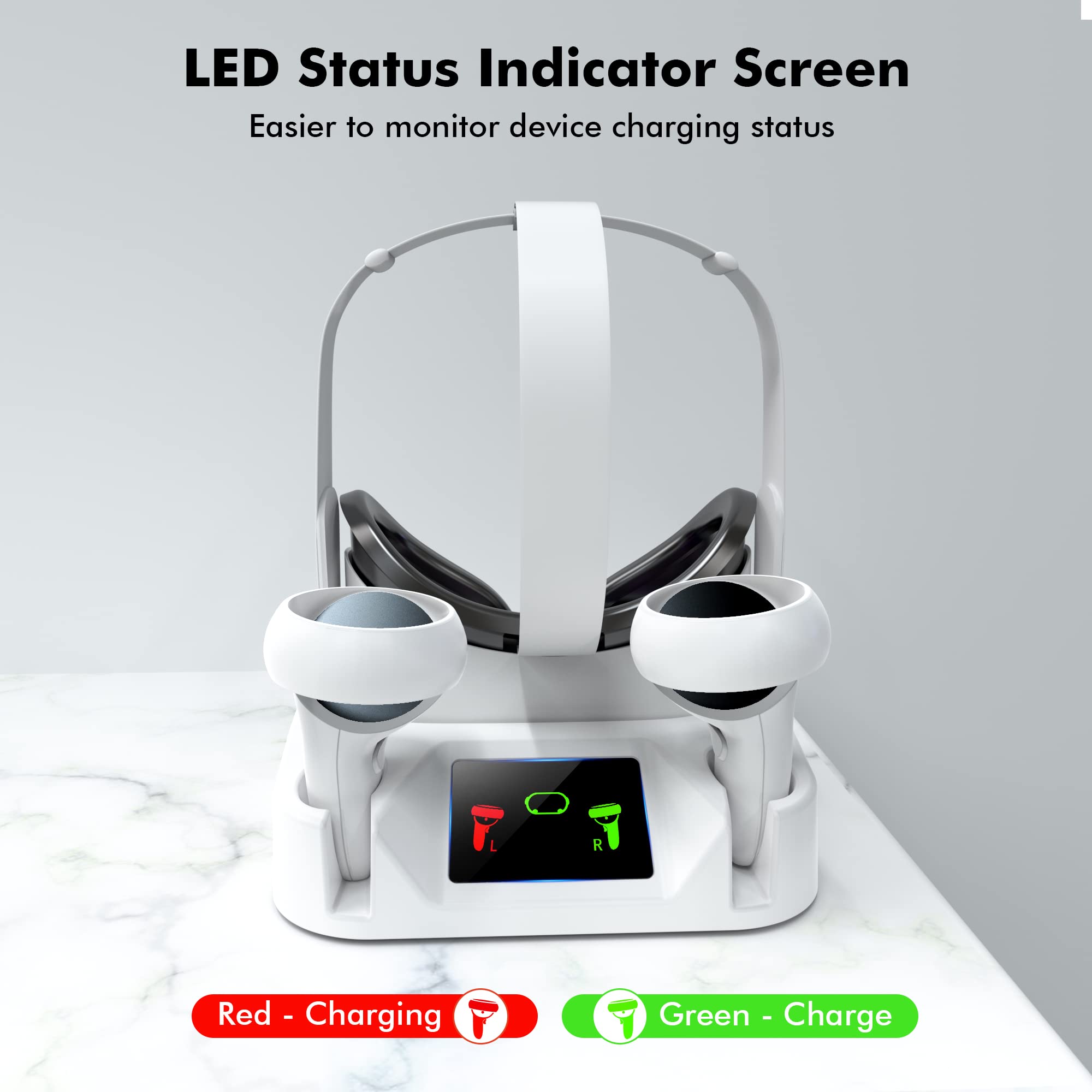 Kuject Charging Dock for Quest 2 with LED Display, Compact Charging Station for VR Headset and Controllers, Magnetic Charging Stand Accessories with 2 Rechargeable Batteries, USB-C Charger and Cable