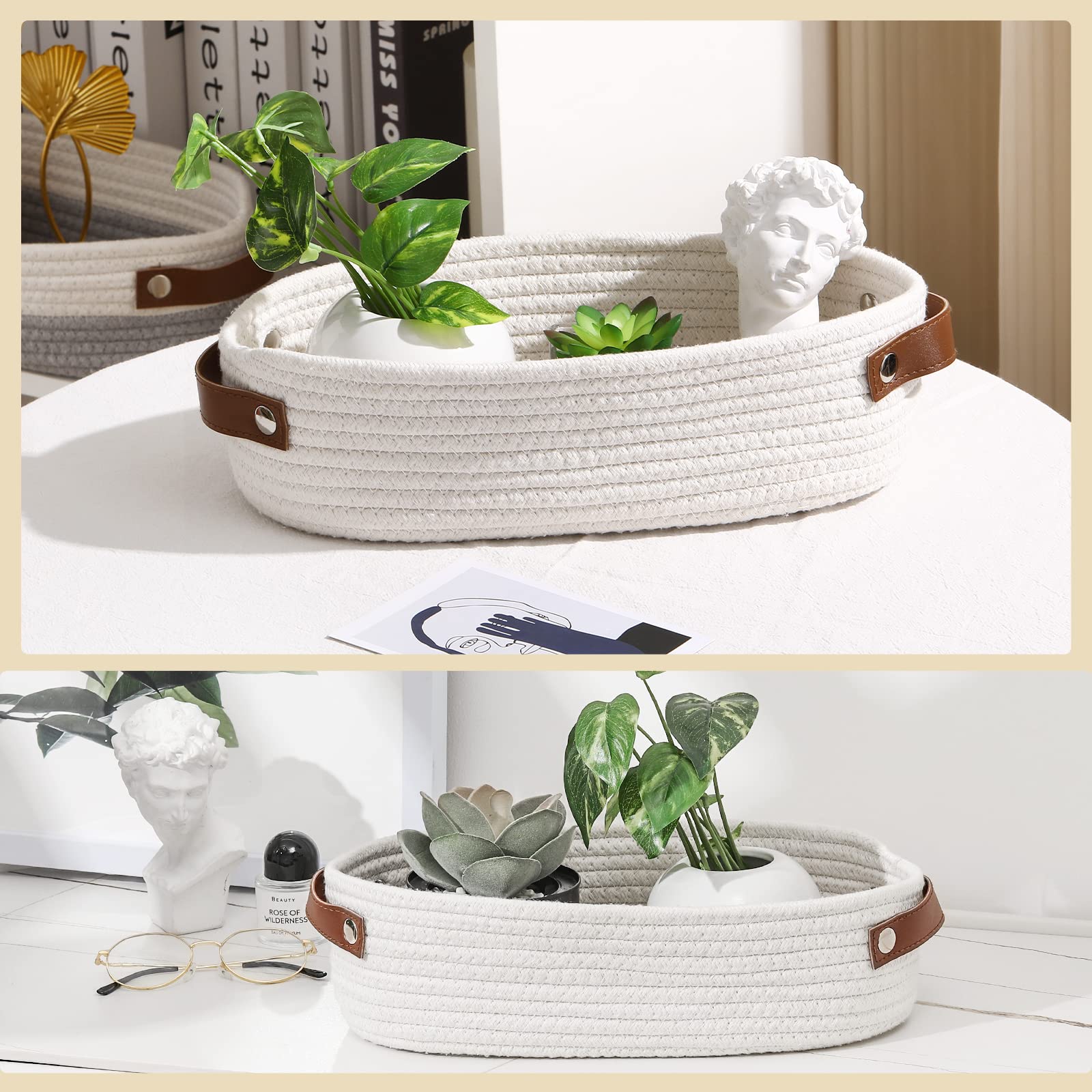 Lewondr Woven Cotton Rope Basket with Leather Handles, White, 12.99 x 5.91 x 3.94 inches