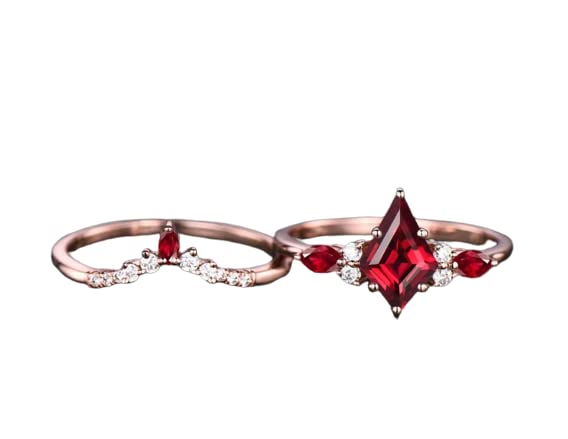 Kite cut red ruby engagement ring art deco rose gold moissanite ring marquise cut natural ruby ring vintage wedding bridal ring set women (WHITE, 6)