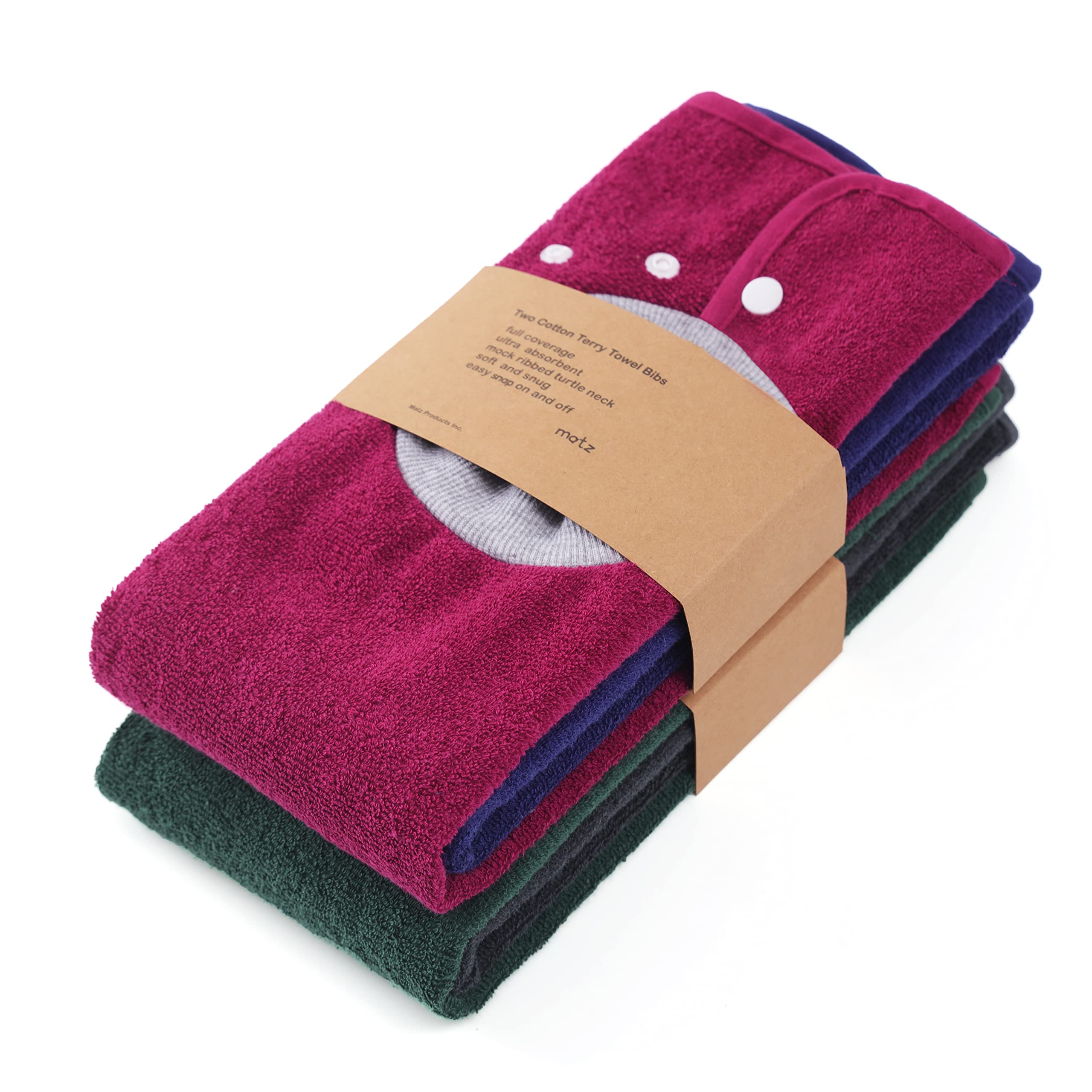 MATZ Bib - Waterproof Backing Full Coverage Ultra Absorbent Cotton Terry Towel Snap On Bib with Comfortable Ribbed Neck
