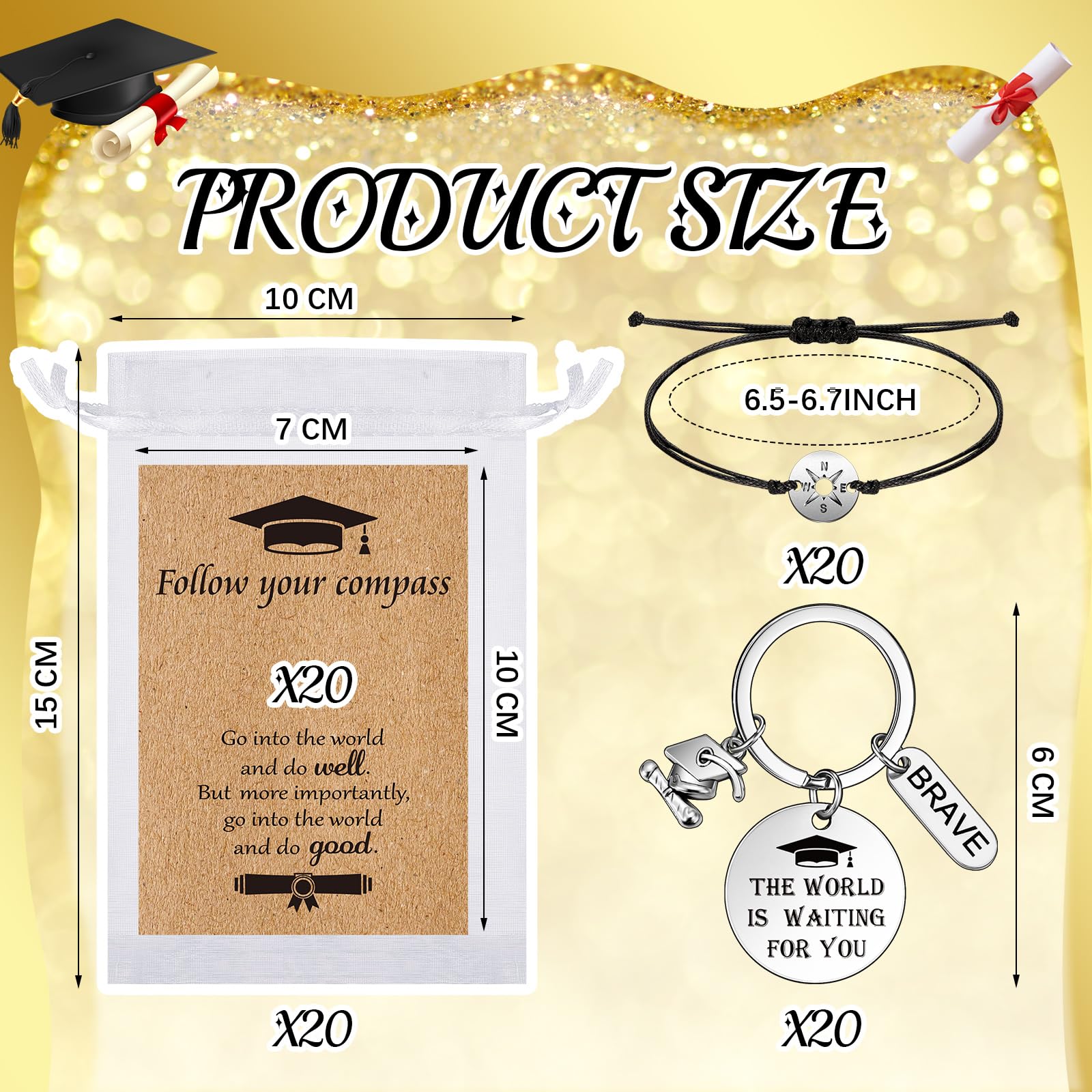 Junkin 20 Pack Graduation Bracelet Gift for Her Him Graduation Keychain Class of 2024 Student Compass Bracelet College School
