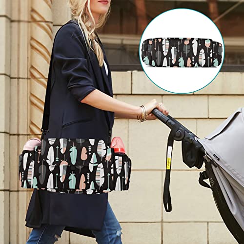 Kigai Indian Mint Aztec Feathers Baby Stroller Organizer with Cup Holders, Secure Hooks Accessories Adjustable Strap Stroller Bag for Bottle, Diaper, Phone, Toys, Baby Items
