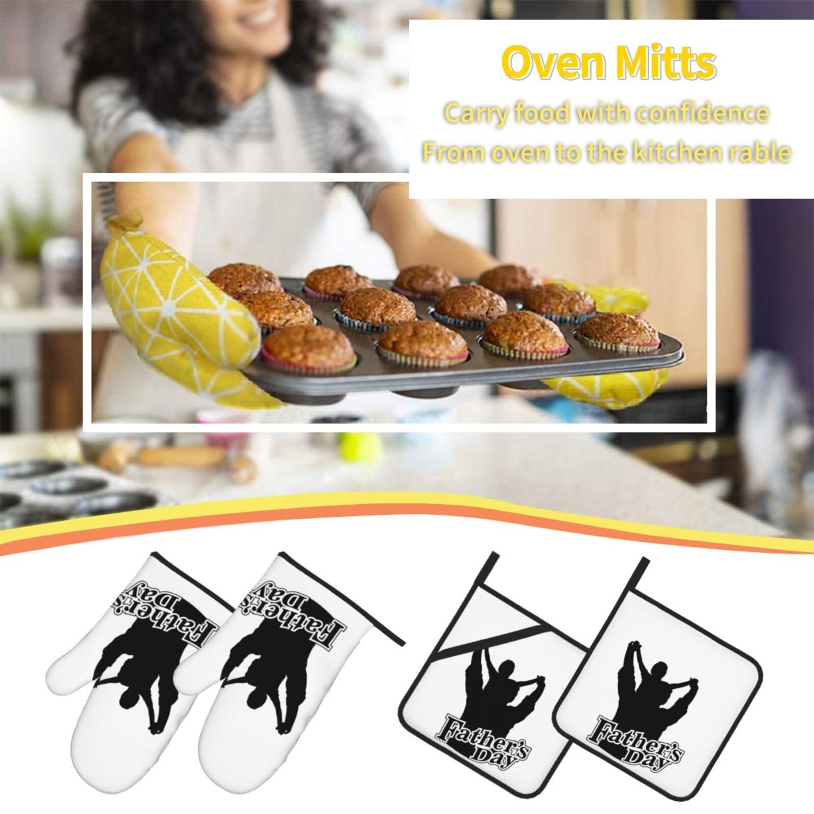 Happy Dad Father Day Kitchen Baking 4-Piece Setâ€“Heat Resistant Oven Mitts and Pot Holders Kitchen Hot Pads