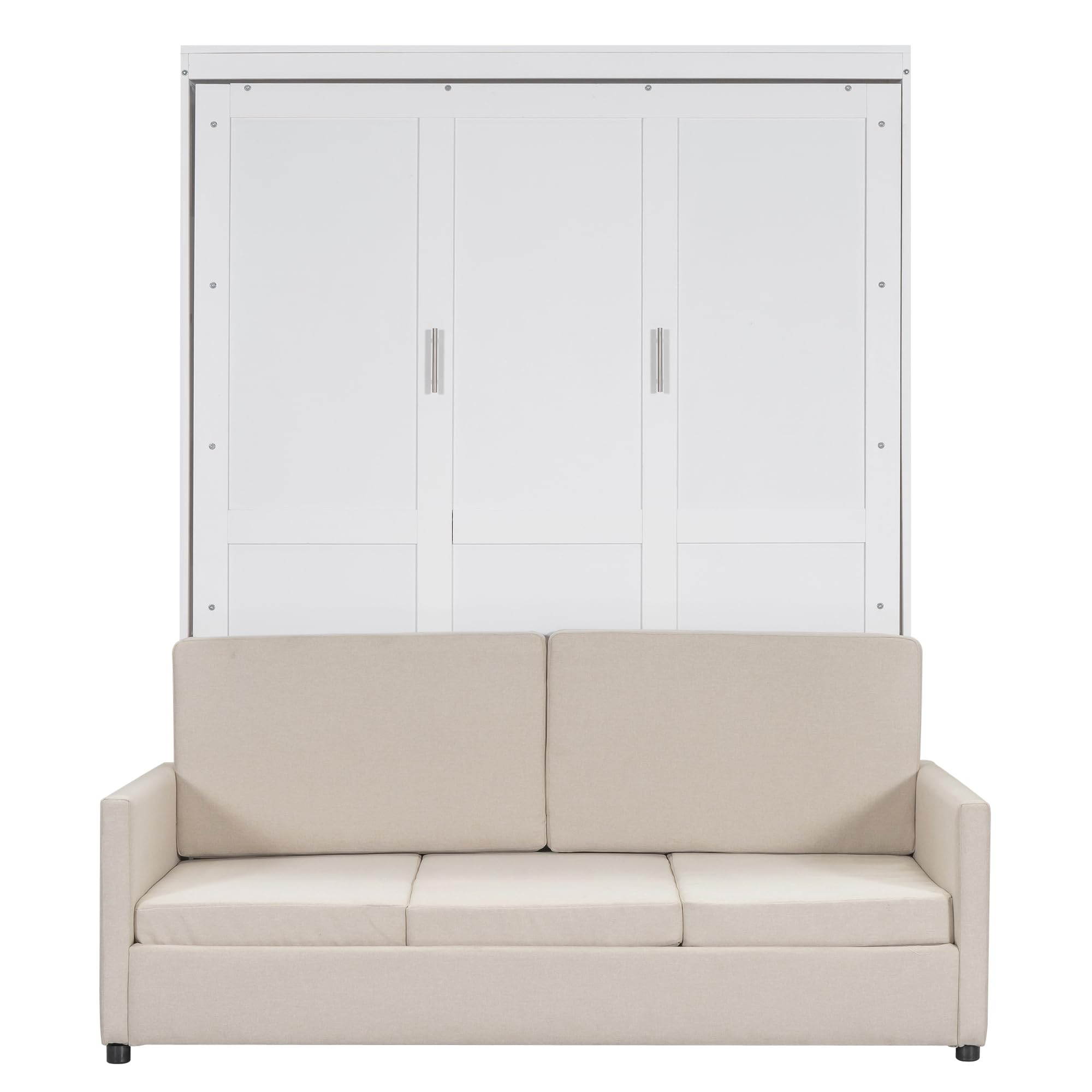 LZ LEISURE ZONE Queen Size Murphy Bed, Wooden Queen Murphy Bed with Cushion, Wall Bed with Sofa for Home Office or Small Room, White