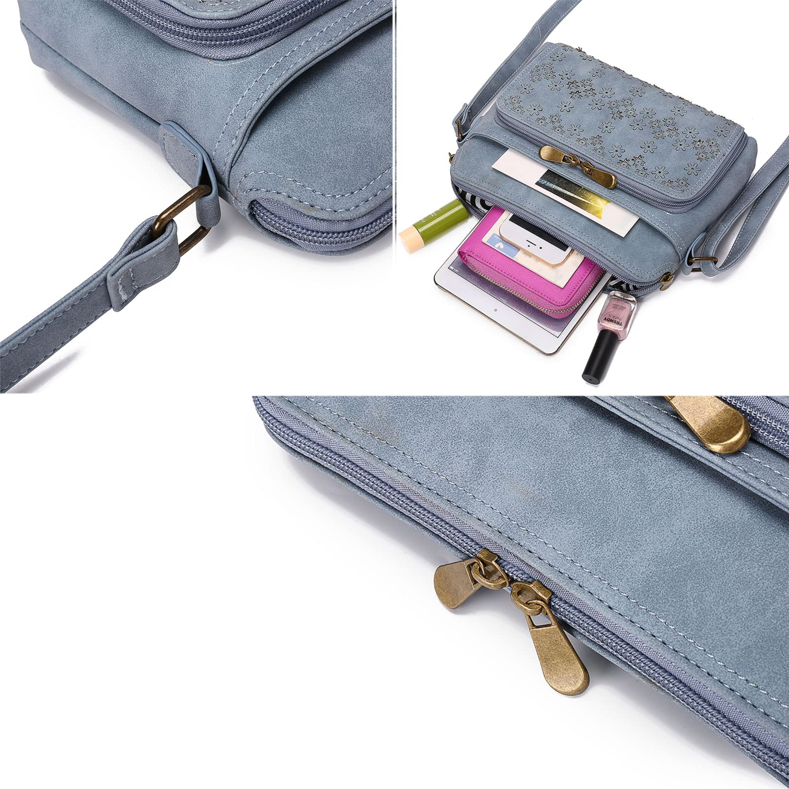 JOSEKO Crossbody Lightweight, Women Solid Multi-pockets Casual PU Leather Crossbody Shoulder Bag Blue