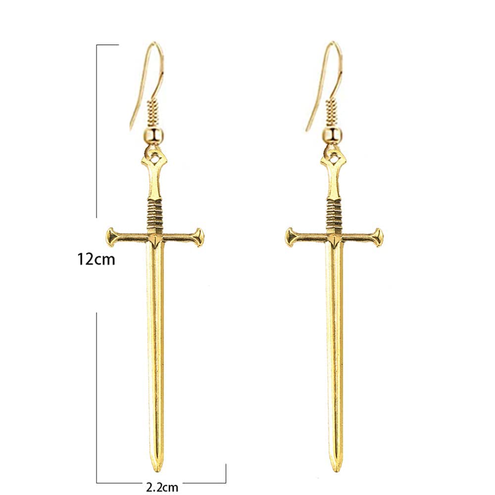 Gothic Vintage Silver Sword Cross Dangle Hook Earrings Retro Punk Knife Earrings Jewelry for Women(antique gold)