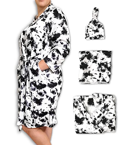 Maternity Robe and Matching Baby Set 3 in 1 - Mom Loungewear with Pockets, Swaddle Blanket, Hat White & Black (L/XL 8-16)