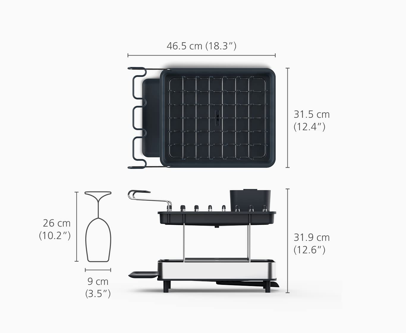 Joseph Joseph Dish Drying Rack with Wine Glass Holder - Space-Saving 2-Tier Design with Fast Draining System