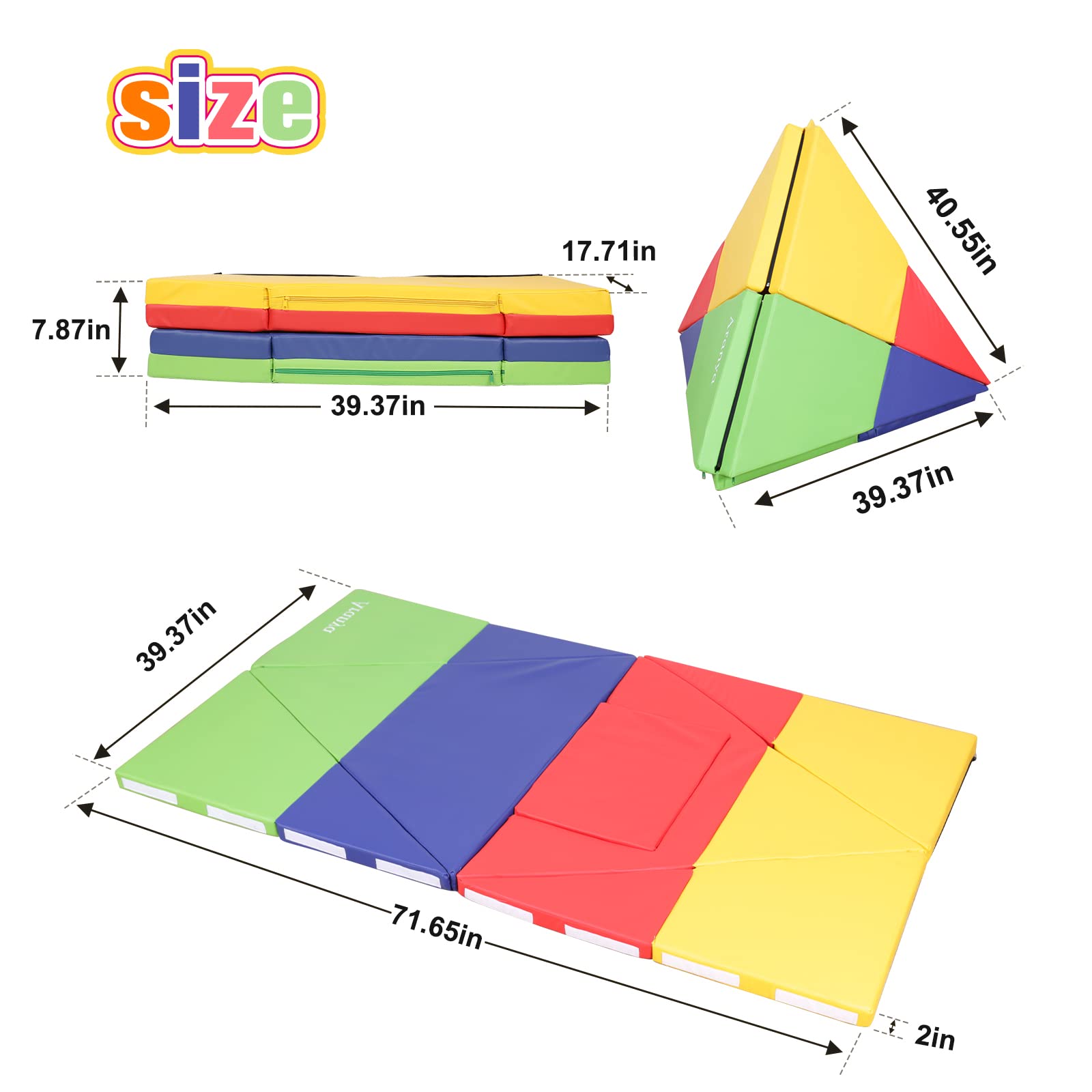 Kids' Gymnastics Mat 71.56"L x39.3"W x2"H Tumbling Mat Exercise Mat,Folding Portable 2" Extra Thick Wrestling Mats Fold multiple shapes for Home Gym Exercise & Play
