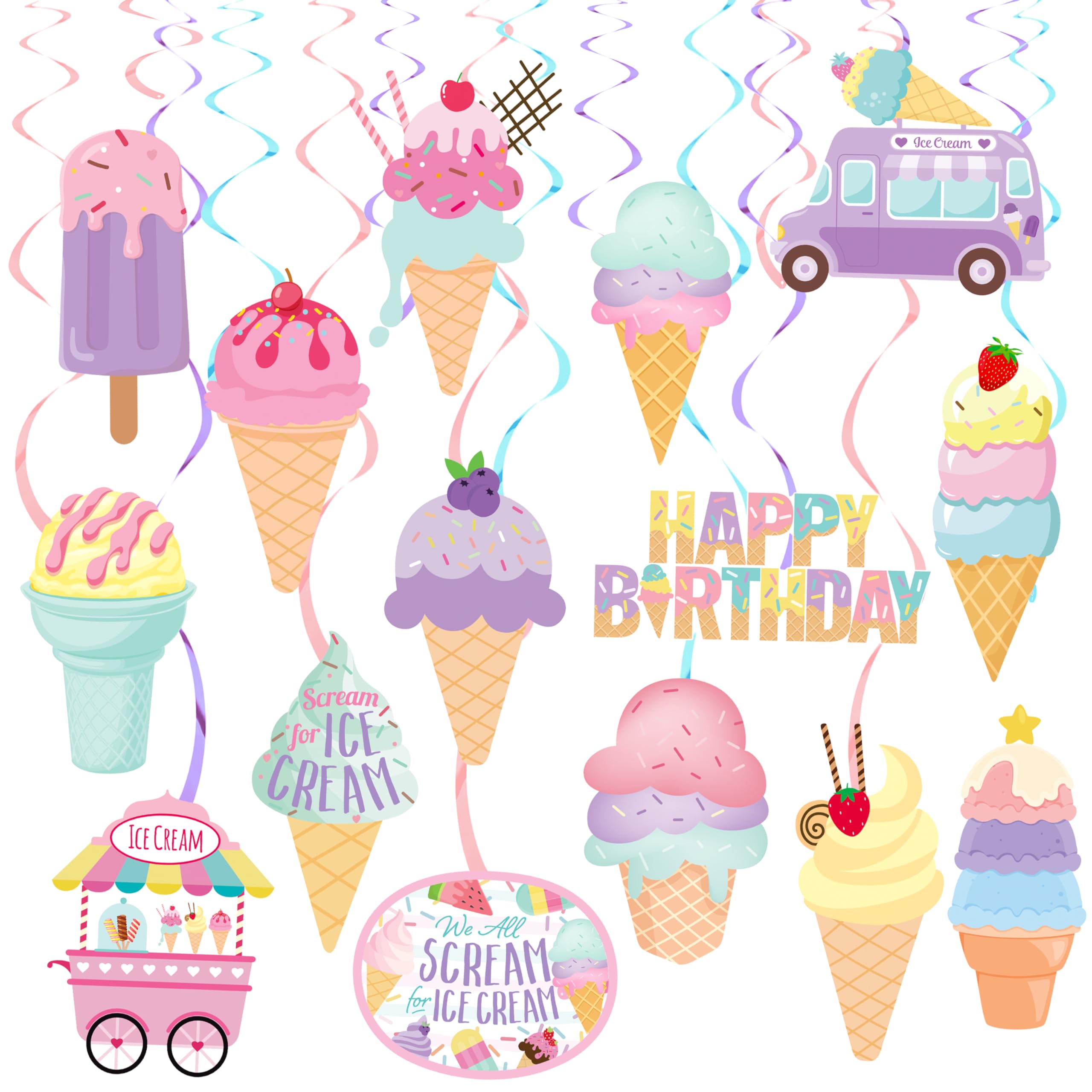 Ice Cream Party Hanging Swirls Ice Cream Birthday Party Decorations 20pcs Summer Ice Cream Party Hanging Decor Ice Cream Cone Swirls Streamer for Summer Theme Baby Shower Supplies