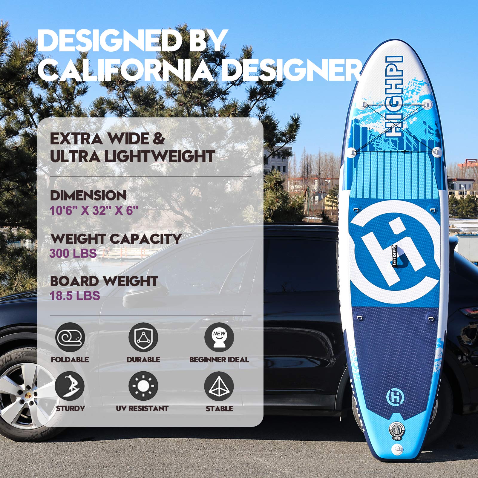 Highpi Inflatable Stand Up Paddle Board, 10'6''x32''x6'' SUP for Youth & Adult, Stable, Versatile, Durable and Lightweight, Suitable for Yoga&Fishing, Accessories Included