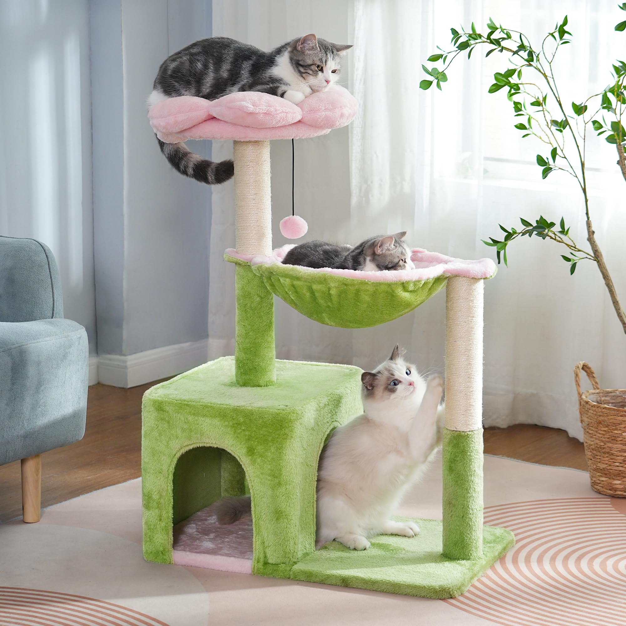 Pawfessor Flower Cat Tree 4 in 1 Cat Scratching Post for Indoor Cats 34" Small Cat Tower for Large Cats, with Full Scratch Posts,15.7”Large Hammock, Removable Perch and Wide Condo for Indoor Cats-Pink