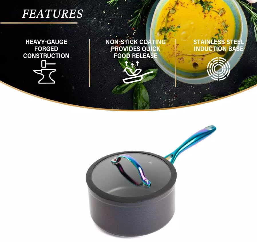 Sauce Non Stick Pan with Glass Lid Stainless Steel, 2.5 QT, Rainbow Design Featuring Premium