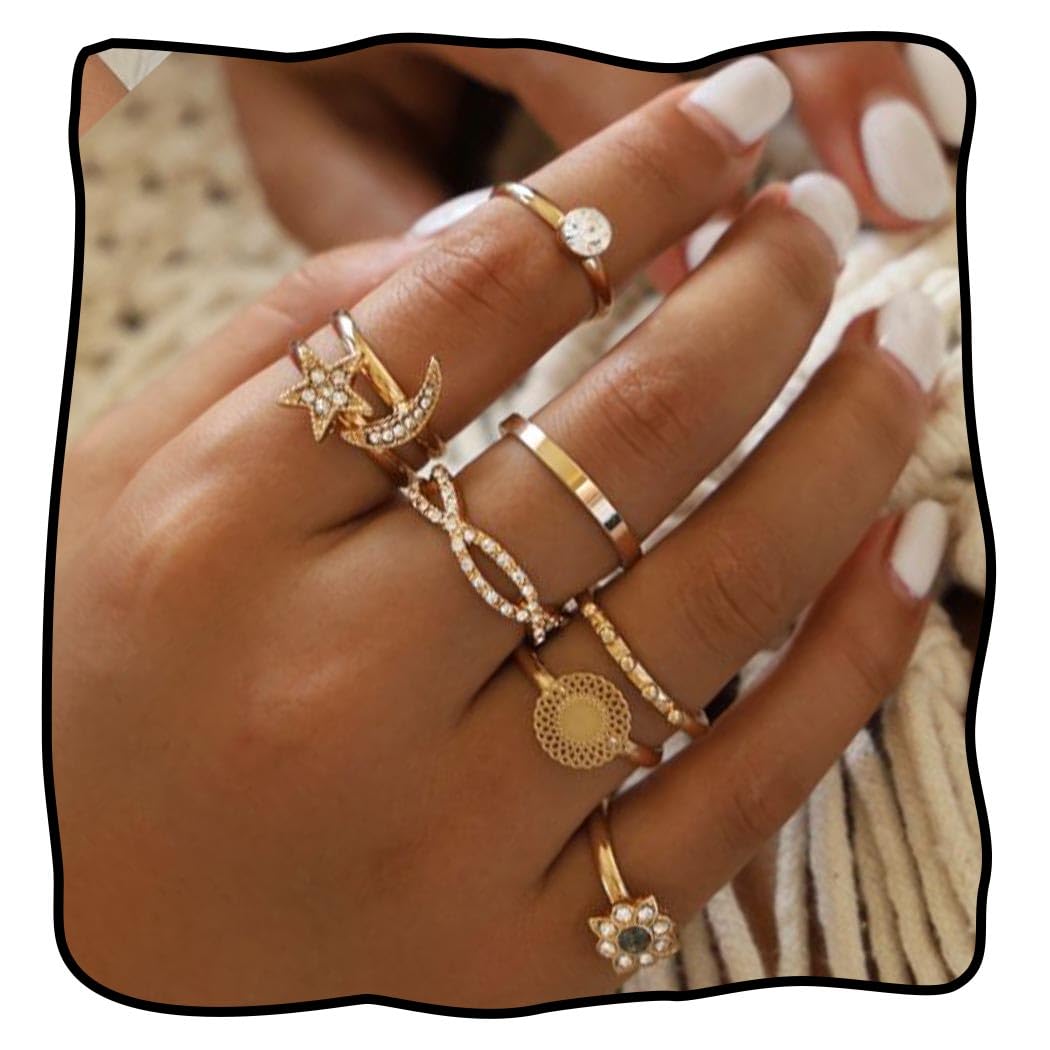 JEWEKY Moon Stackble Rings Crystal Knuckle Ring Set Gold Star Adjustable Rings Circle Accessories for Women (Pack of 6)