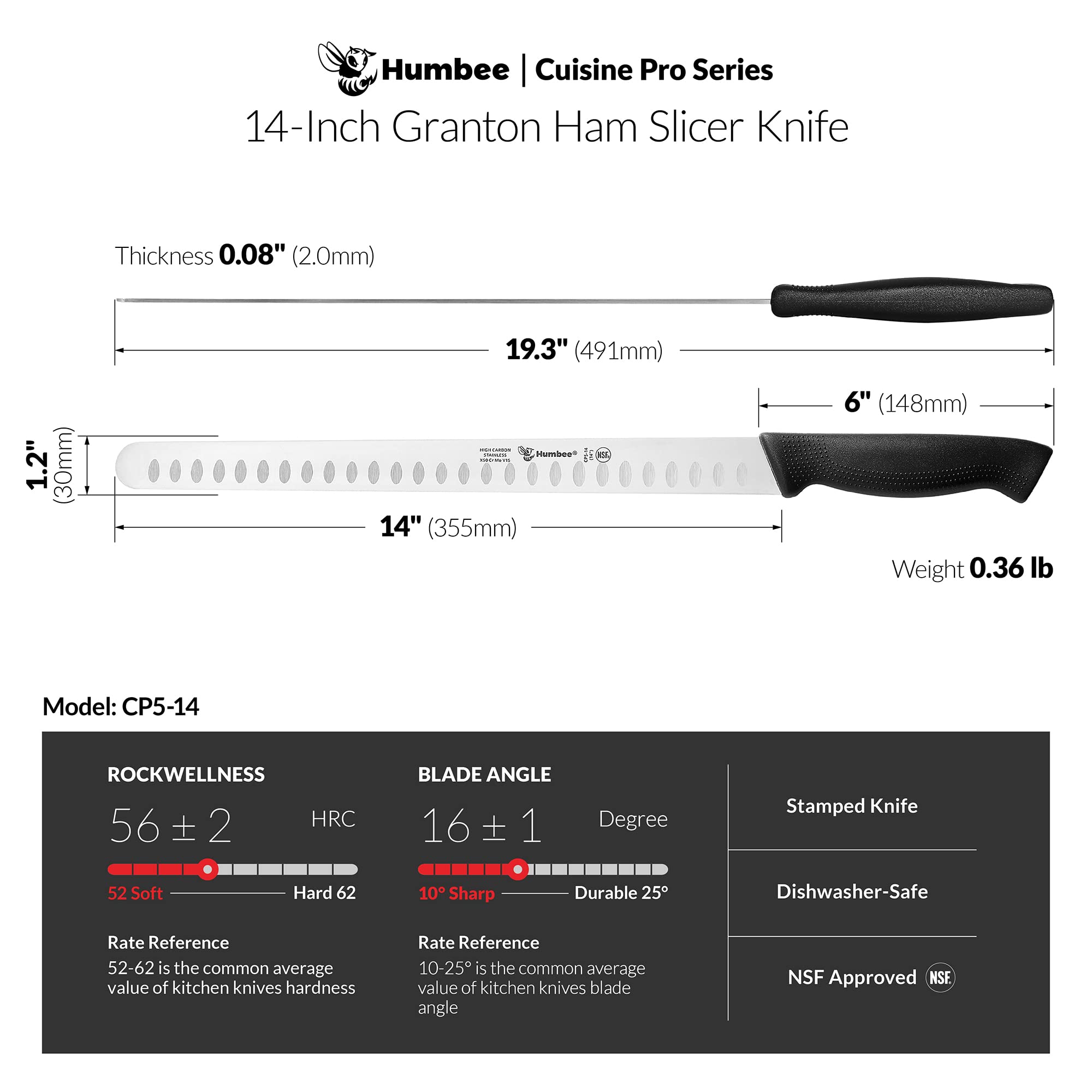 Humbee Chef 14-Inch Carving Knife with Granton Edge for Turkey Ham Meat Slicing and cutting NSF Certified CP5-14 Black