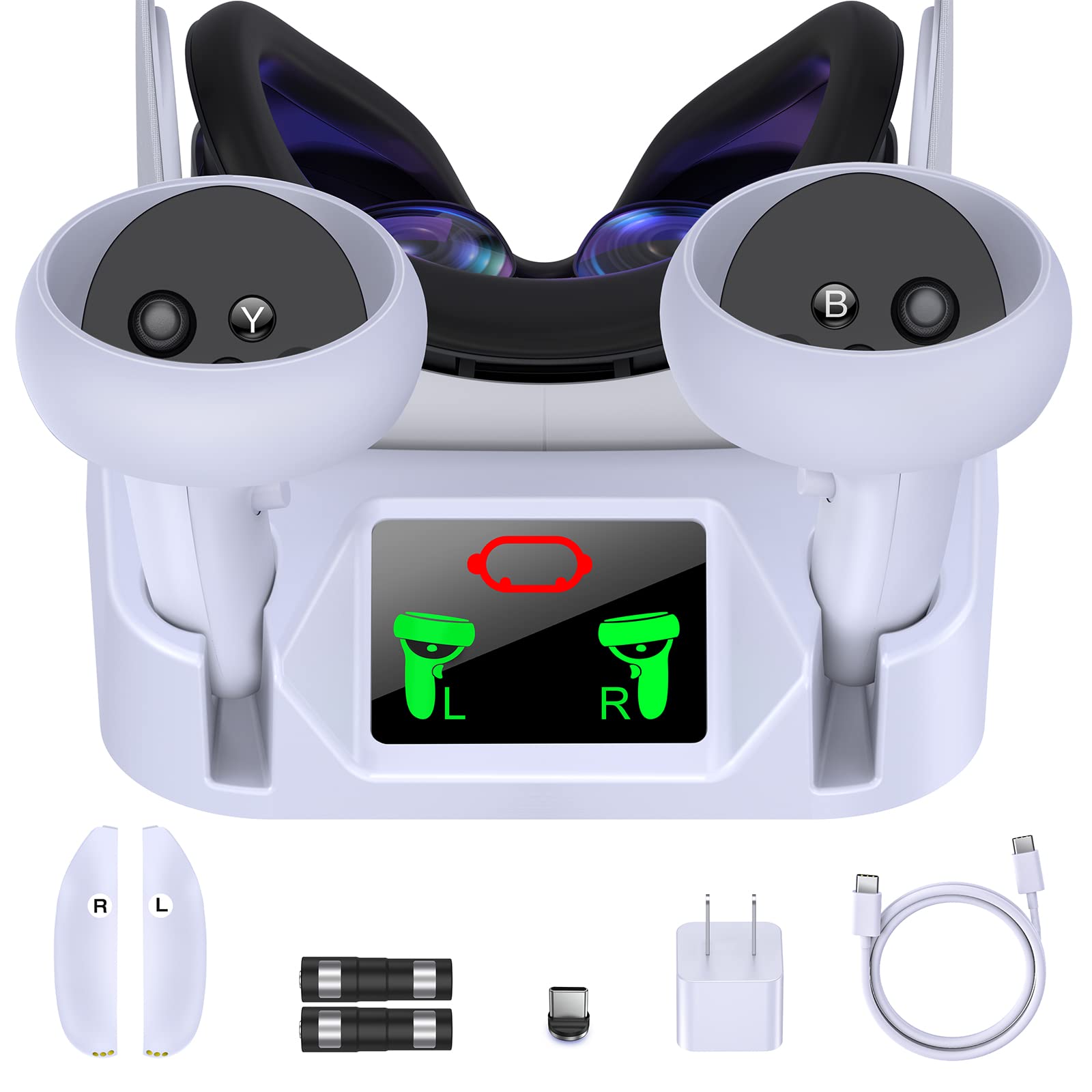 Kawaye Charging Station for Meta Quest 2, Charging Station for Oculus Quest 2 Headset and Controller, Fast Charging Dock with 2 Rechargeable Batteries/USB-C Charging Port/Charging Adapter/Cable
