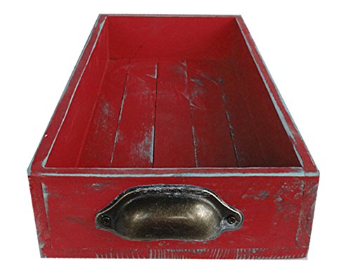 IGC Antique Bronze Metal Handle Wood Display/Serving Tray - 16" x 10" - Red Distressed - Handmade Decorative Distressed Vintage Wooden Rustic Ottoman Cottage Serving Tray