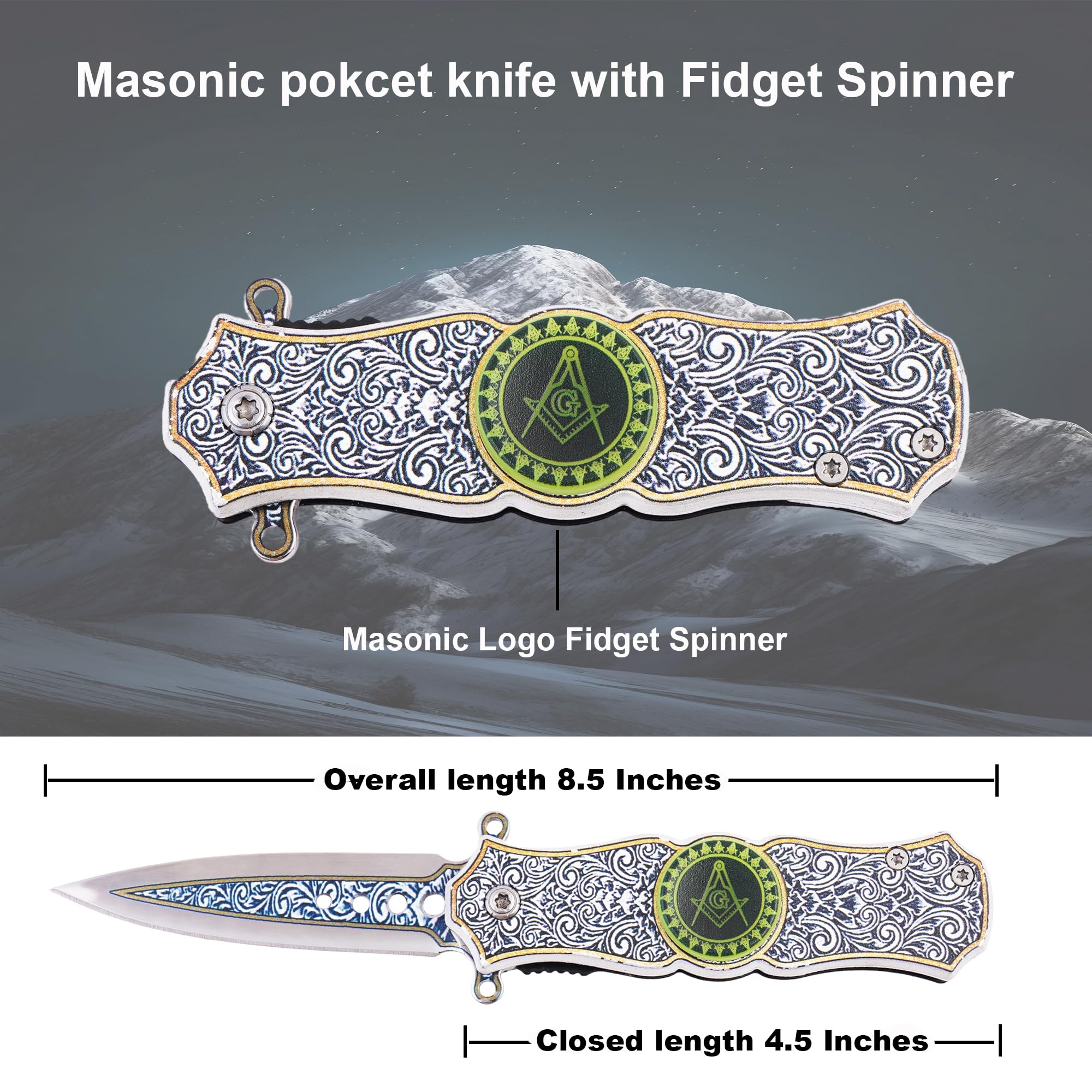 Masonic Folding Knife with Fidget Spinner, Crafted, Durable Tool with Engraved Masonic Emblems for Everyday Use, Ceremonial Purposes, & Collectors, Craftsmanship Practical Design (Camo)