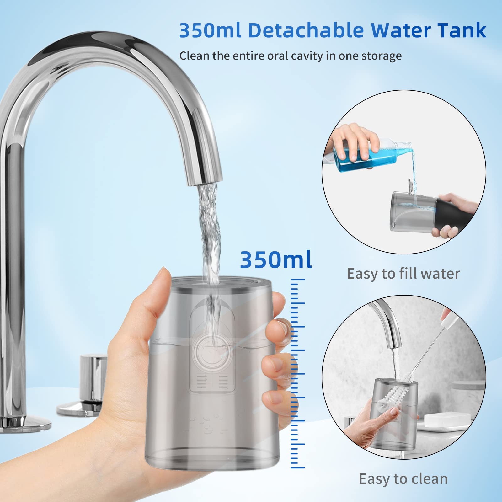 LVLAM Water Flosser Portable Dental Oral Irrigator with 9 Modes, 4 Replaceable Jet Tips, Rechargeable Waterproof Teeth Cleaner for Home and Travel -350ml Detachable Reservoir (Black)