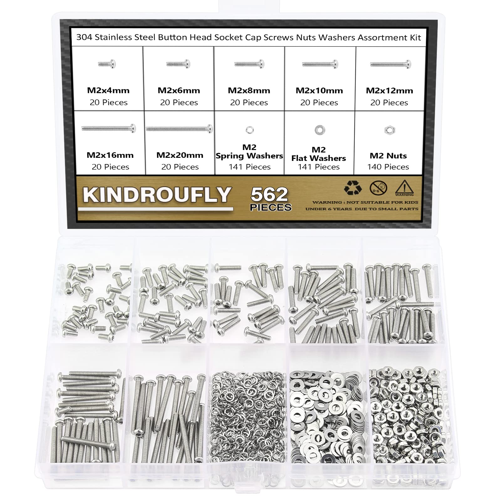 Kindroufly 562 Pieces M2 x 4/6 /8/10 /12/16 /20mm Button Head Socket Cap Screws Nuts Washers Assortment Kit, 304 Stainless Steel, Fully Machine Thread