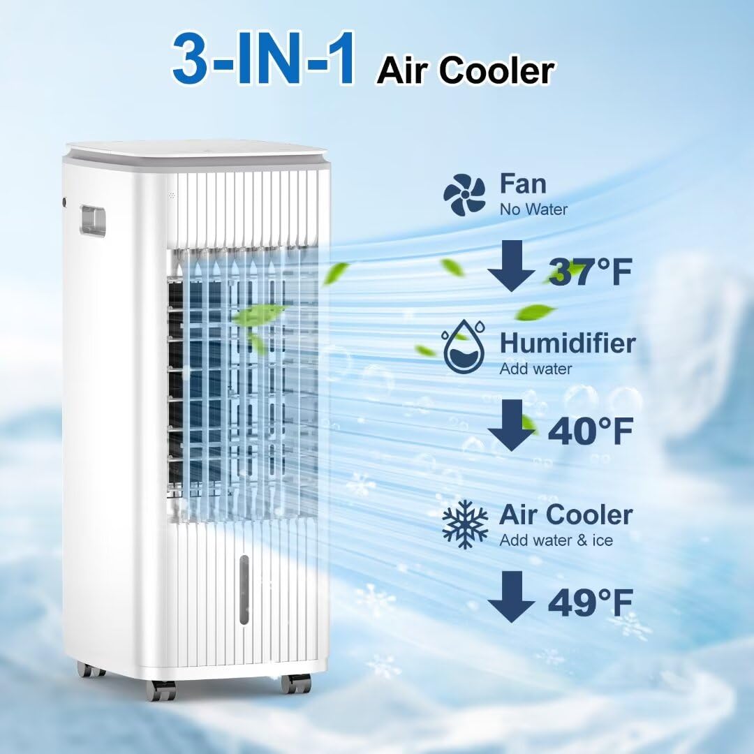 Portable Air Conditioner Evaporative Cooler Ac Unit,BEBEGINE Swamp Cooling Fan Without Hose,3-IN-1 Windowless Ventless for Room Offices,Remote,3 Speed,Water Tank,3 Ice Pack Large