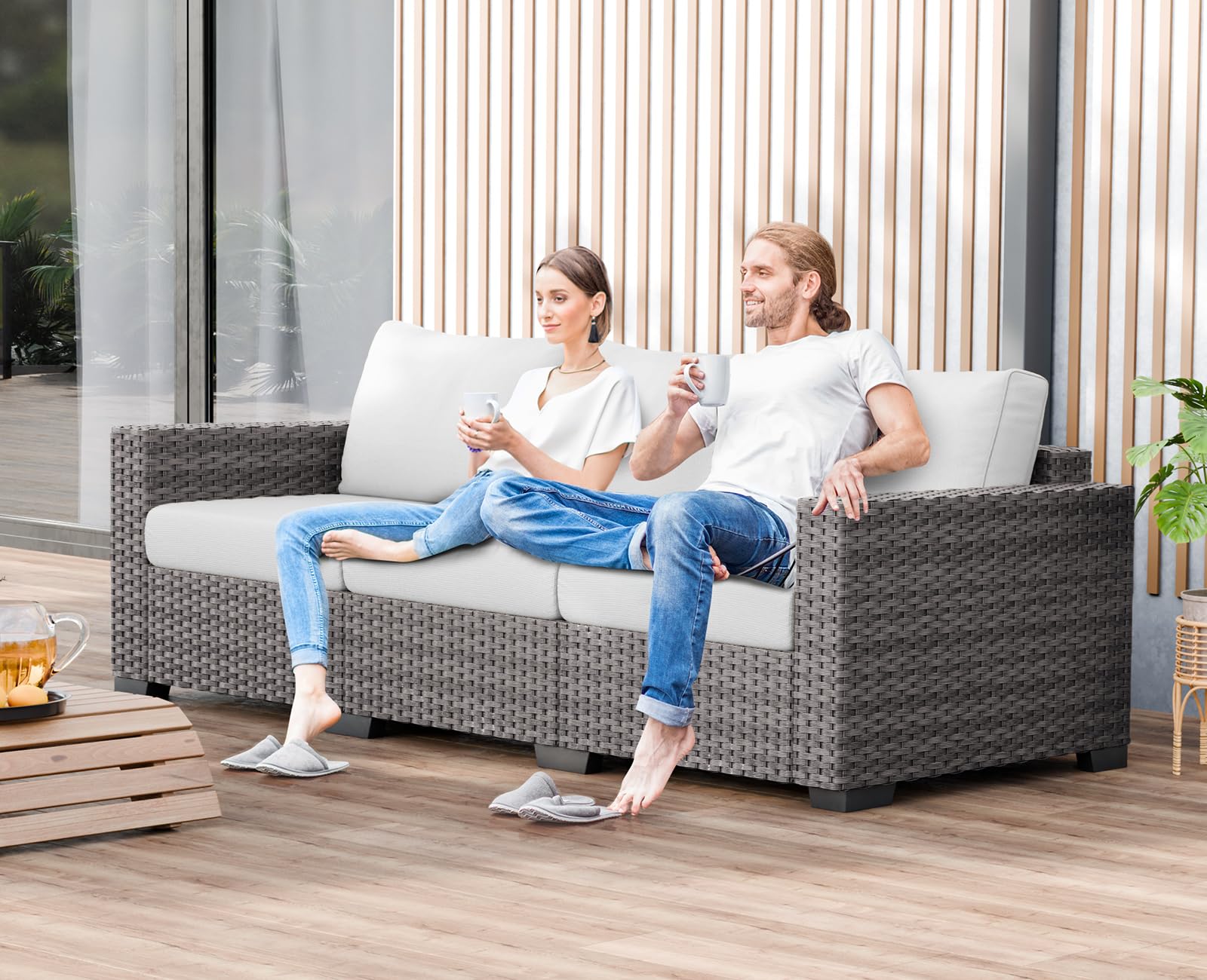 Outdoor Wicker Patio Couch, Large Deep 3 Seats Gray Rattan Sofa for Porch Deck Yard Backyard, Gray Cushions