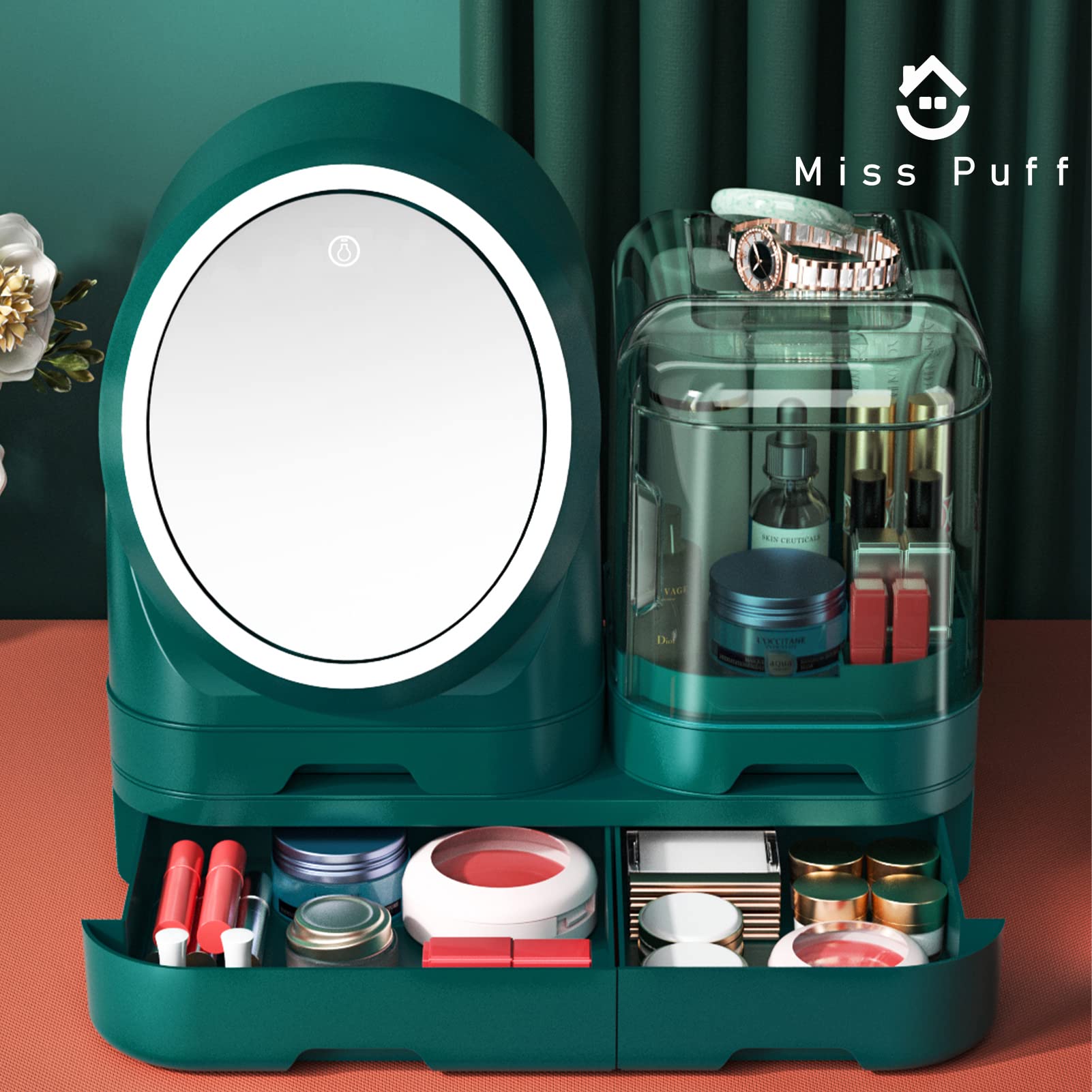 Miss Puff Makeup Organizer with LED Mirror and Fan, Large Capacity Cosmetic Storage Display Case, Waterproof and Dustproof Skincare Organizer for Bathroom and Vanity Dresser