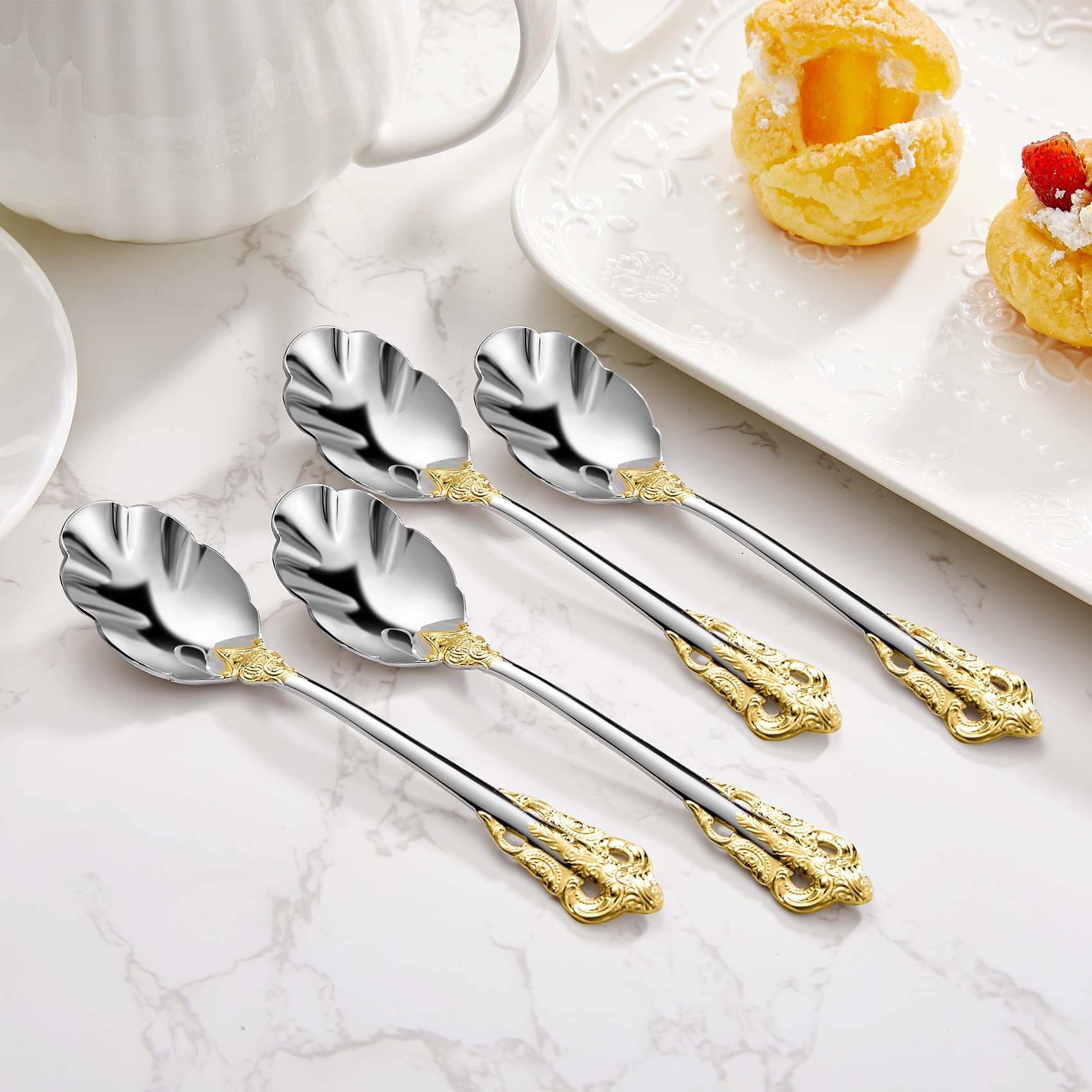 KEAWELL 6" Tea Spoons Set of 4, Coffee Espresso Demitasse Vintage Tea Spoon, 18/10 Stainless Steel, Gold Accent