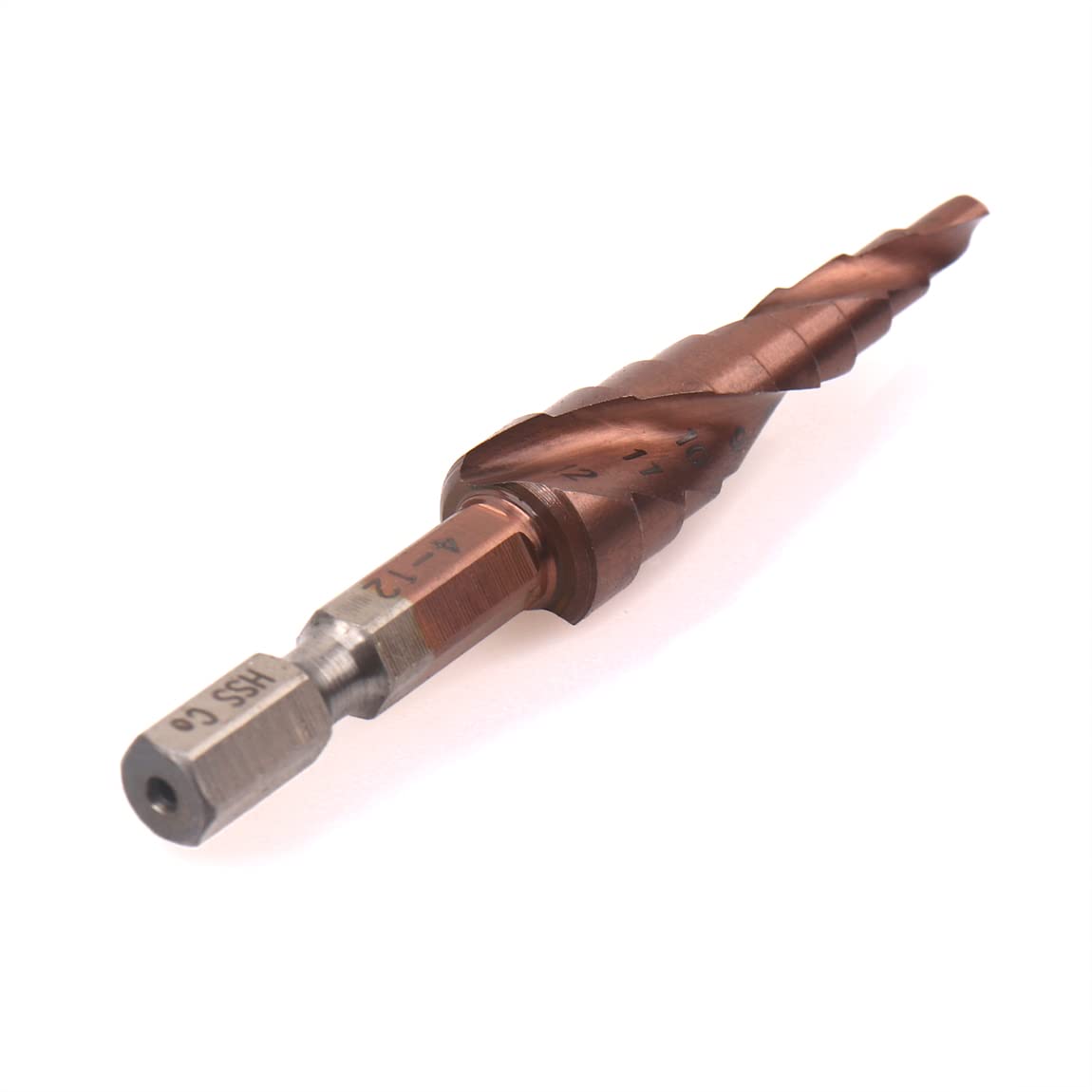 LWCUSNJ Cobalt Step Drill Bit, M35 5% HSS Co, Spiral Flutes and 1/4 Inch Hex Shank, Unibit Step Bit for Hole Drilling in Metal, Copper, Aluminum, Wood, Plastic (4-12mm,1pc)