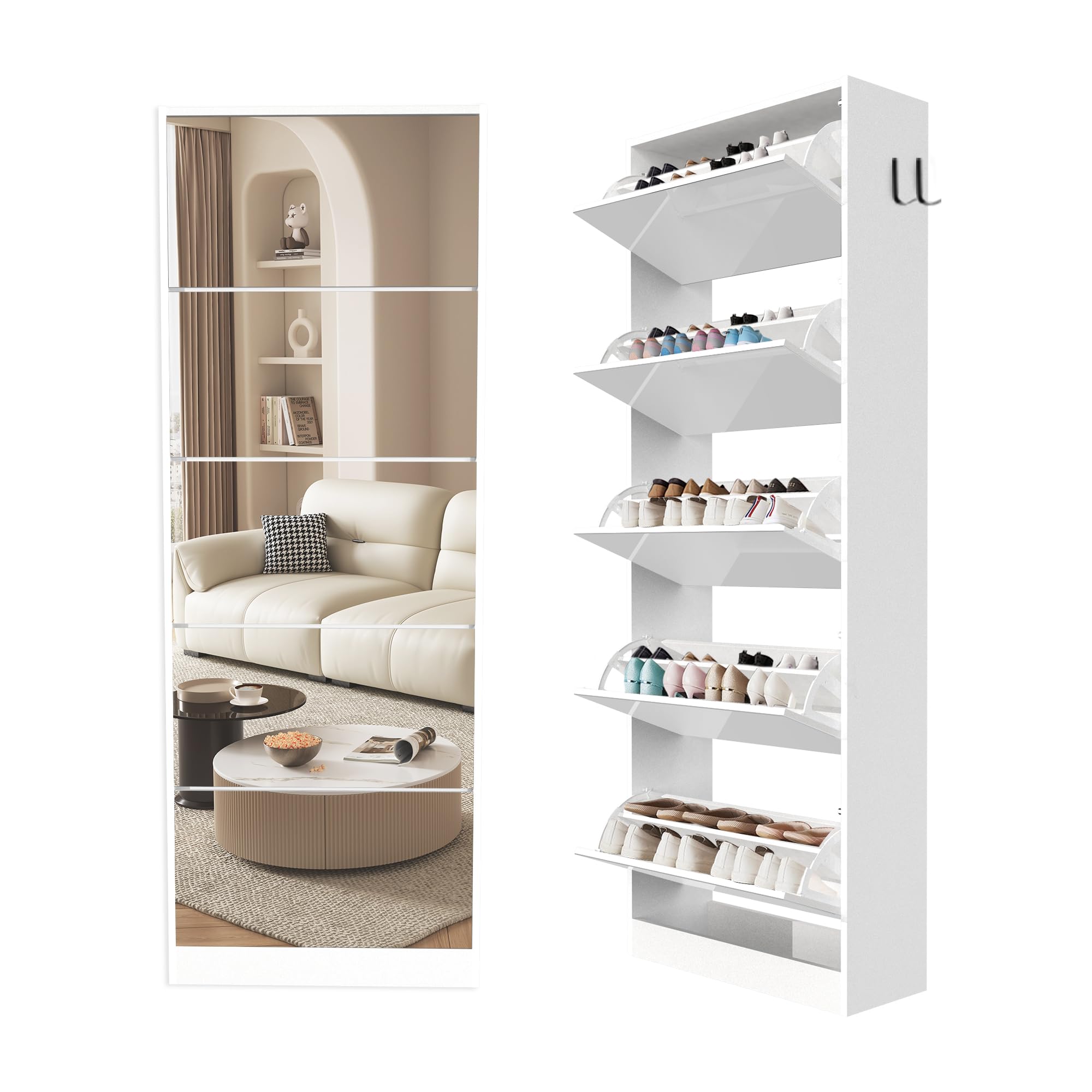Mirror Shoe Storage Cabinet for Entryway, Narrow Tall Shoe Cabinet Organizer with 5 Tiers, Slim Free Standing Hidden Shoe Cabinet with 5 Flip Drawers for Front Door Entrance, Closet(White)