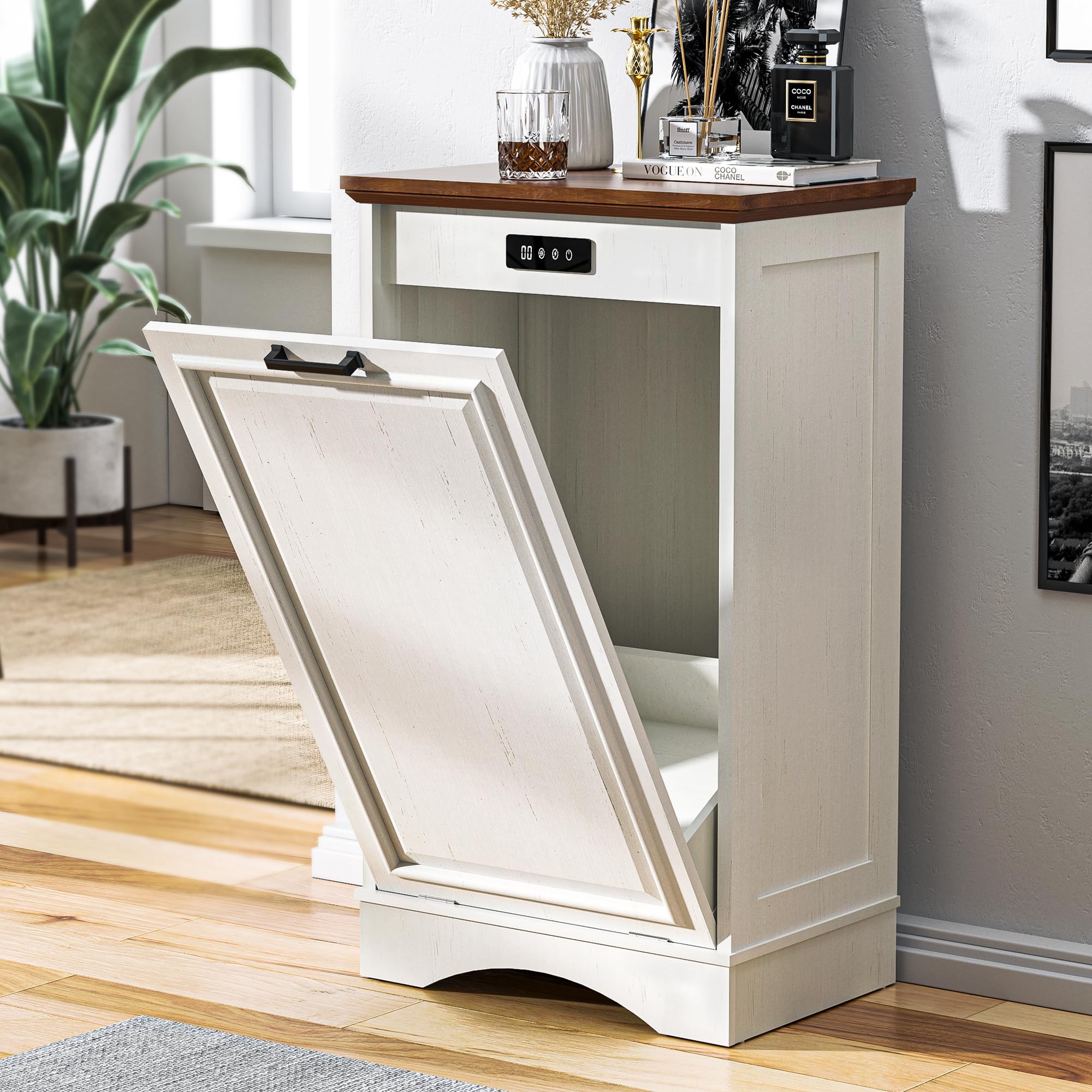 OUTGUAVA 13 Gallons Tilt Out Trash Cabinet Free Standing Kitchen Trash Bin Cabinet Recycling Garbage Cabinet with Deodorizing Function Pet Proof Trash Can Holder for Kitchen Living Room, Antique White
