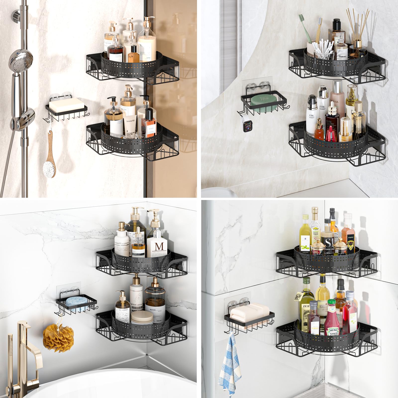 NADAMOO Rotating Corner Shower Caddy, 2 Pack 360° Rotate Turntable Shower Organizer Shelf with Soap Holder,Adhesive Stainless Steel Storage Rack for Bathroom and Kitchen