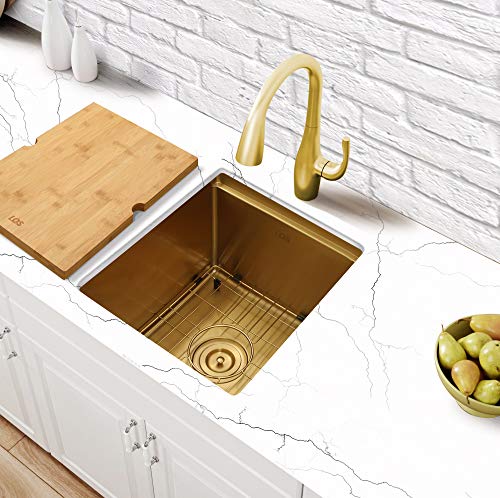 LQS Kitchen Sink Drain Strainer Assembly and Gold Undermount Bar Sink, RV Sink, Handmade Stainless Steel Bar Sink 15" x 17", 16 Gauge Workstation Sink