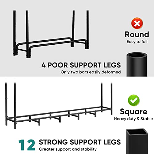 melos Firewood Rack Indoor, 6.6ft Wood Racks Outdoor For Firewood, Wood Holders Firewood Outdoor For Fireplace Wood Storage, Adjustable Fire Log Stacker Stand For Courtyard, Patio, Black