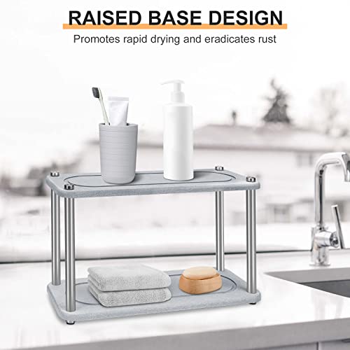 Home Sink Caddy, 2-Tier Instant Dry Sink Organizer, Fast Drying Stone Sink Tray For Kitchen Sink, Diatomaceous Pedastal Stand Riser With Stainless Steel Feet Protection for Modern Home (Grey)
