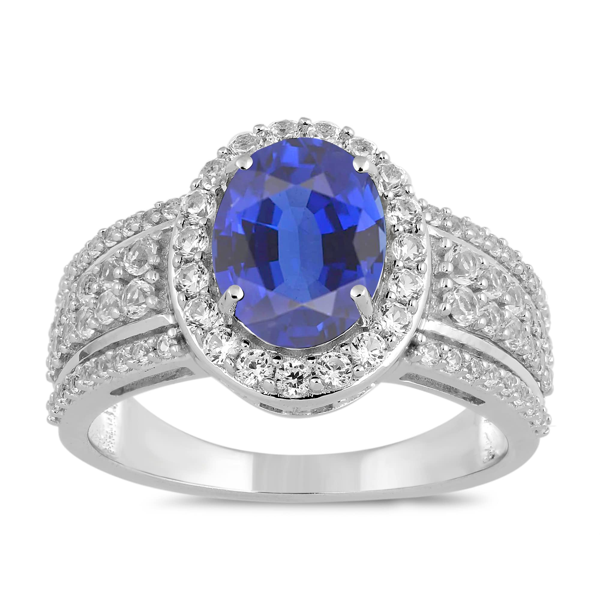 Jewelili Sterling Silver 9x7 MM Oval Cut Created Ceylon Sapphire and Round Created White Sapphire Engagement Ring, Size 7