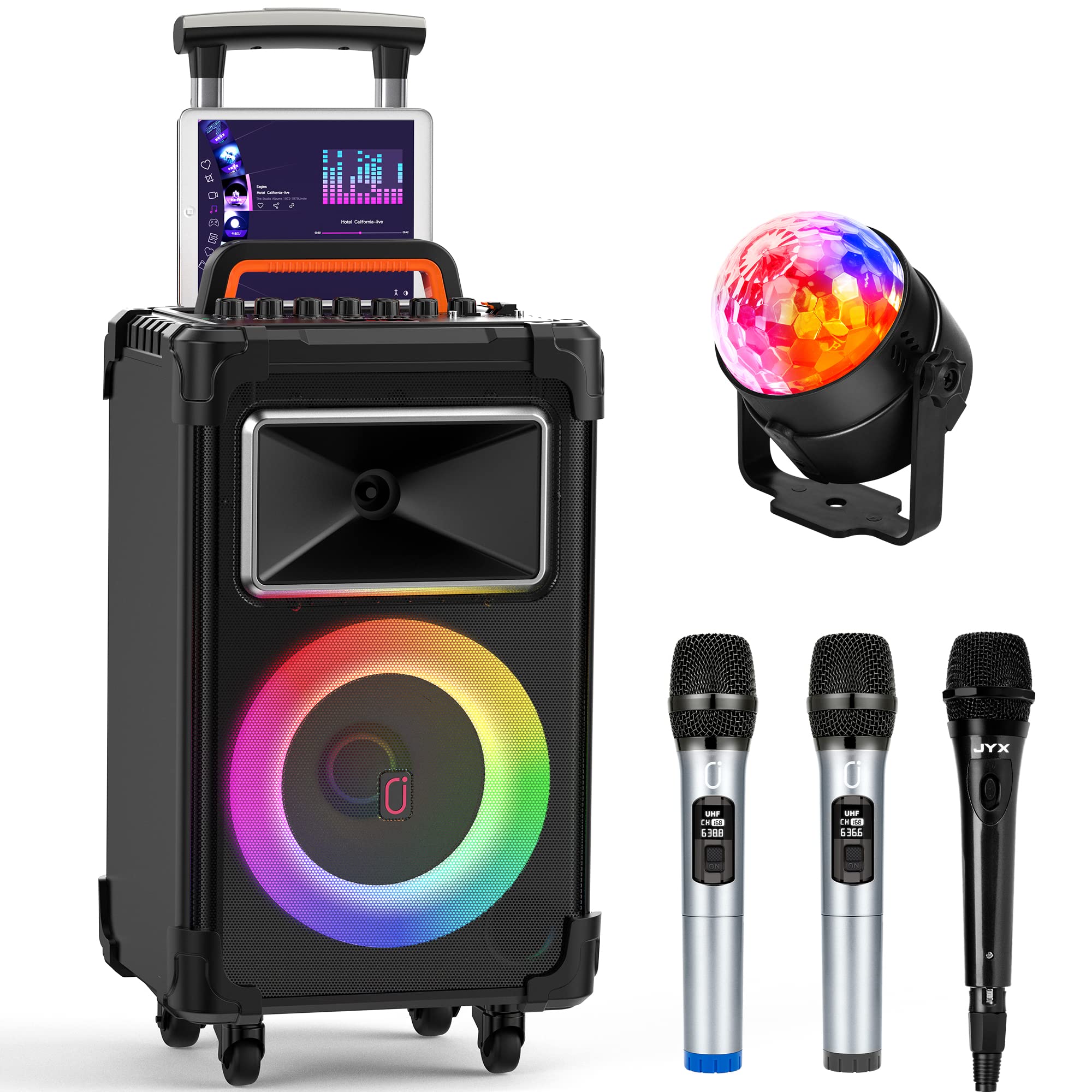 JYX Karaoke Machine with 3 Mics and Disco Light, Livestream Speaker PA System Sbuwoofer with 8 Sound Effects,Lyrics Display Holder,LED Lights,Treble/Bass Adjustment, Support TWS/REC/FM/USB/SD/AUX-in